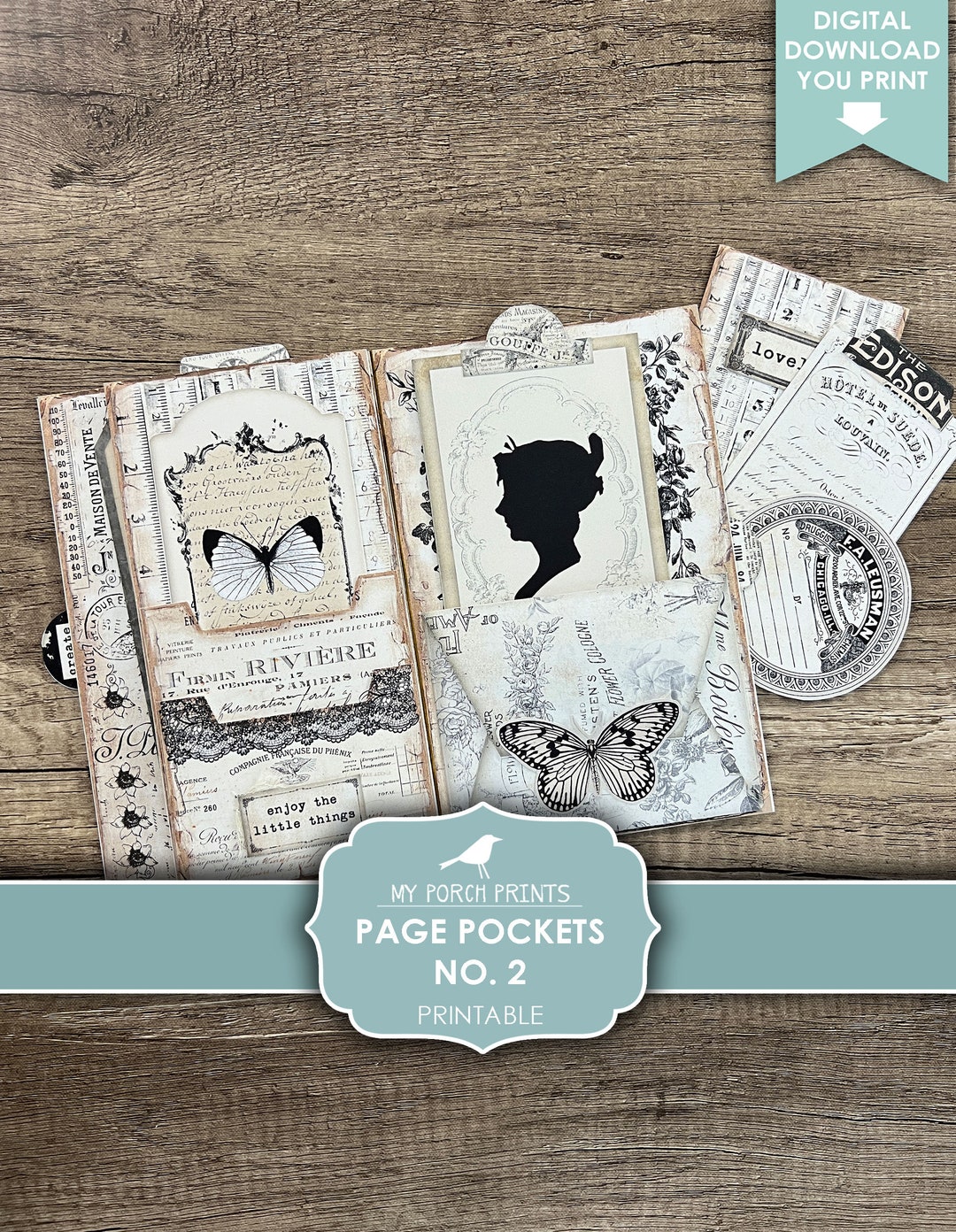 Junk Journal, Page Pockets, No. 2, Folio, Folder, Black and White, Insert, Kit, Vintage, My ...