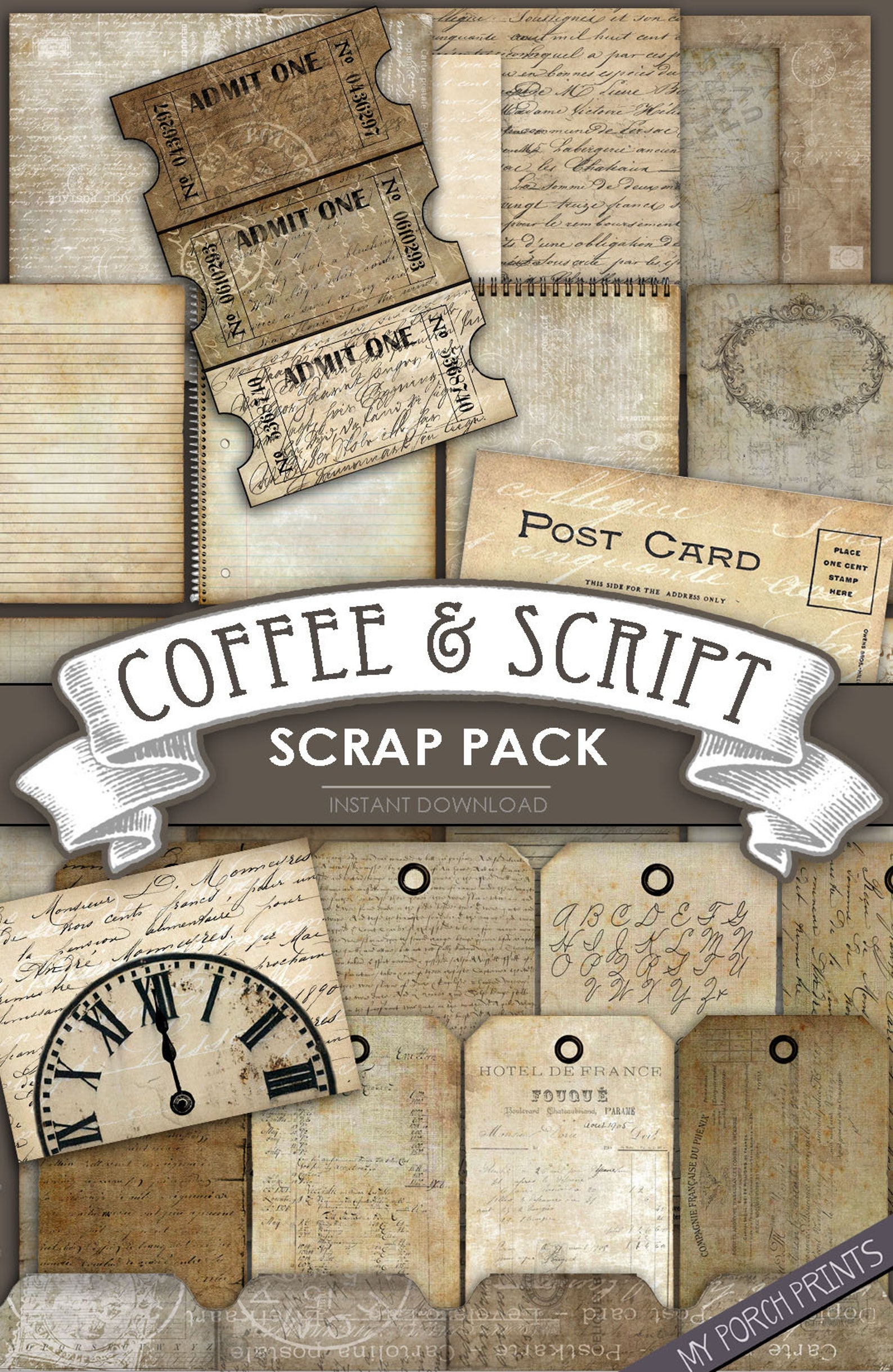Coffee & Script Junk Journal Kit Handwriting Scrap Pack - Etsy