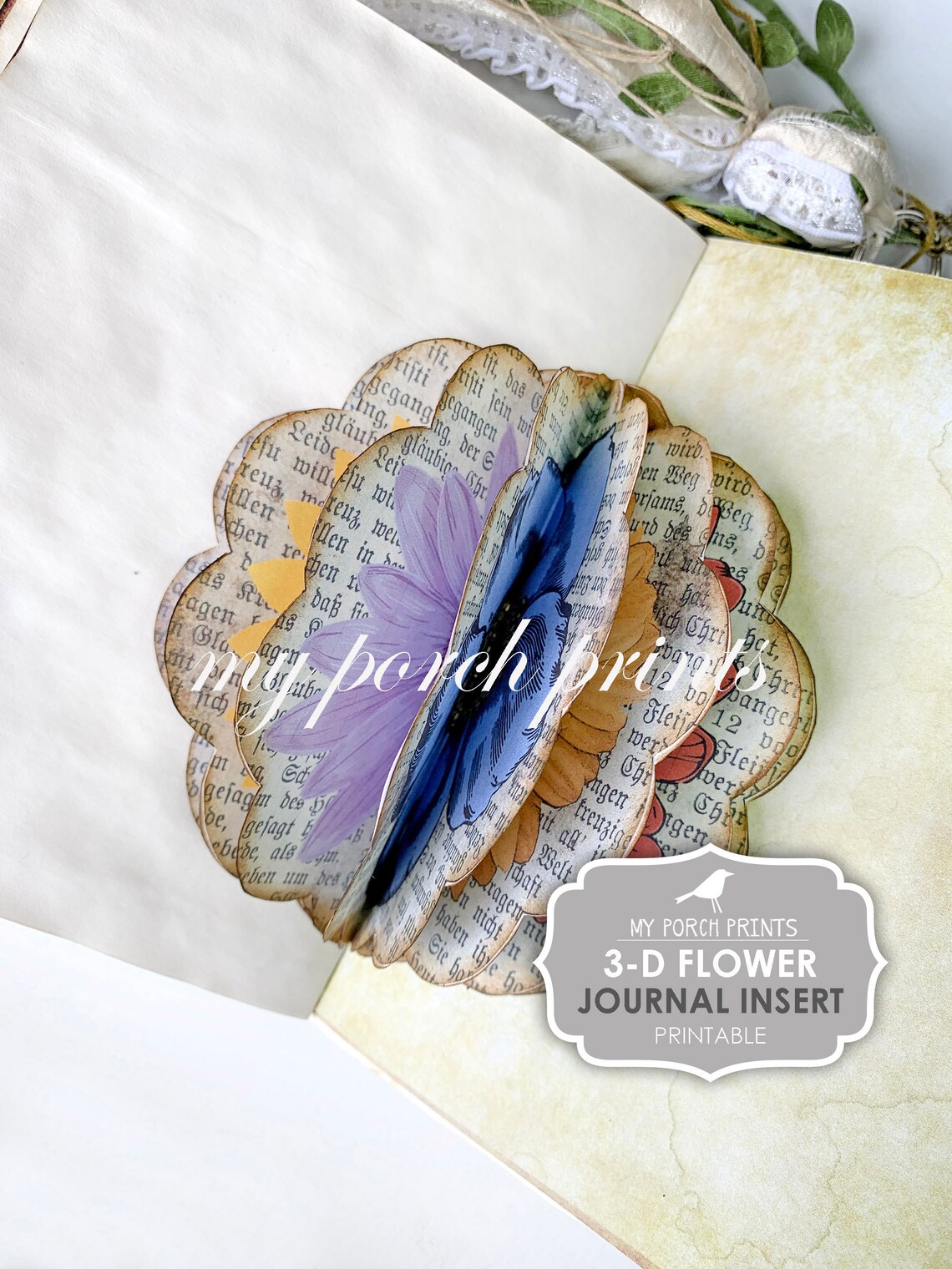 Junk Journal Insert, 3D, Flower, Book Page, Dimensional, Pop Up, Junk ...
