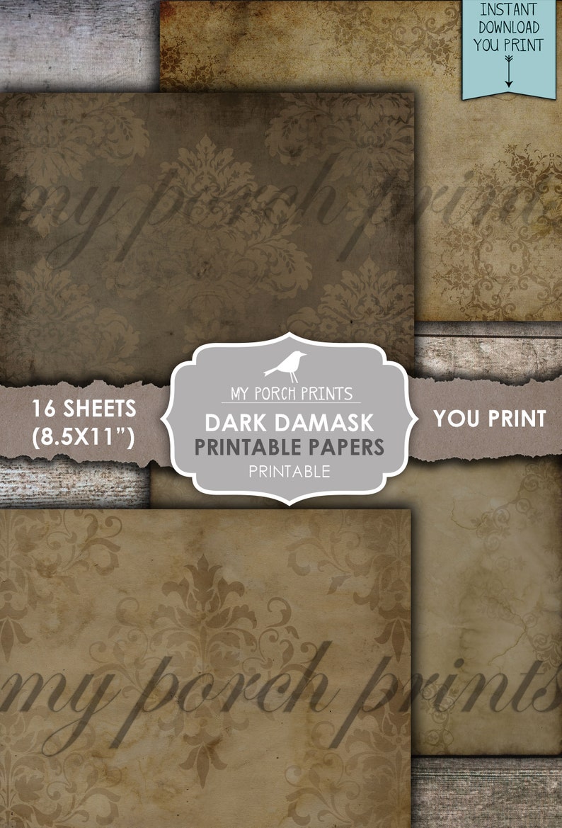Dark Damask Printable Paper, Grunge, Junk Journal, Coffee Dyed Paper ...