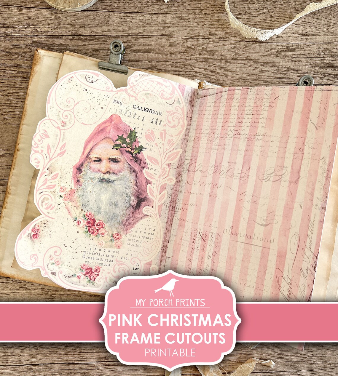 Pink Christmas Junk Journal Frame Cutouts December Daily - Etsy