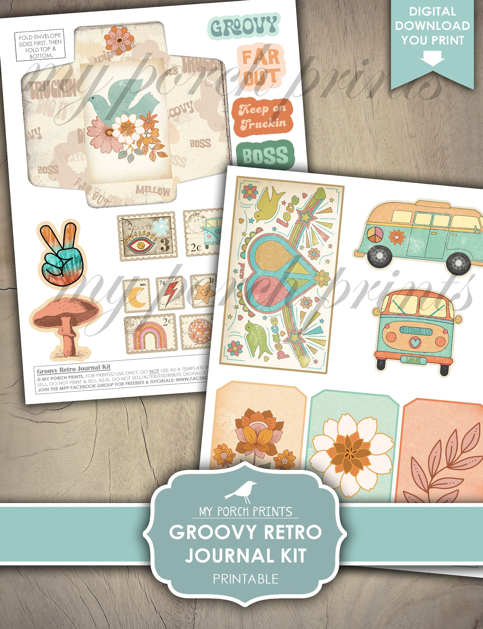 Junk Journal Kit, Groovy, Retro, 60s, 70s, Hippie, Hippy, 1960s, 1970s ...