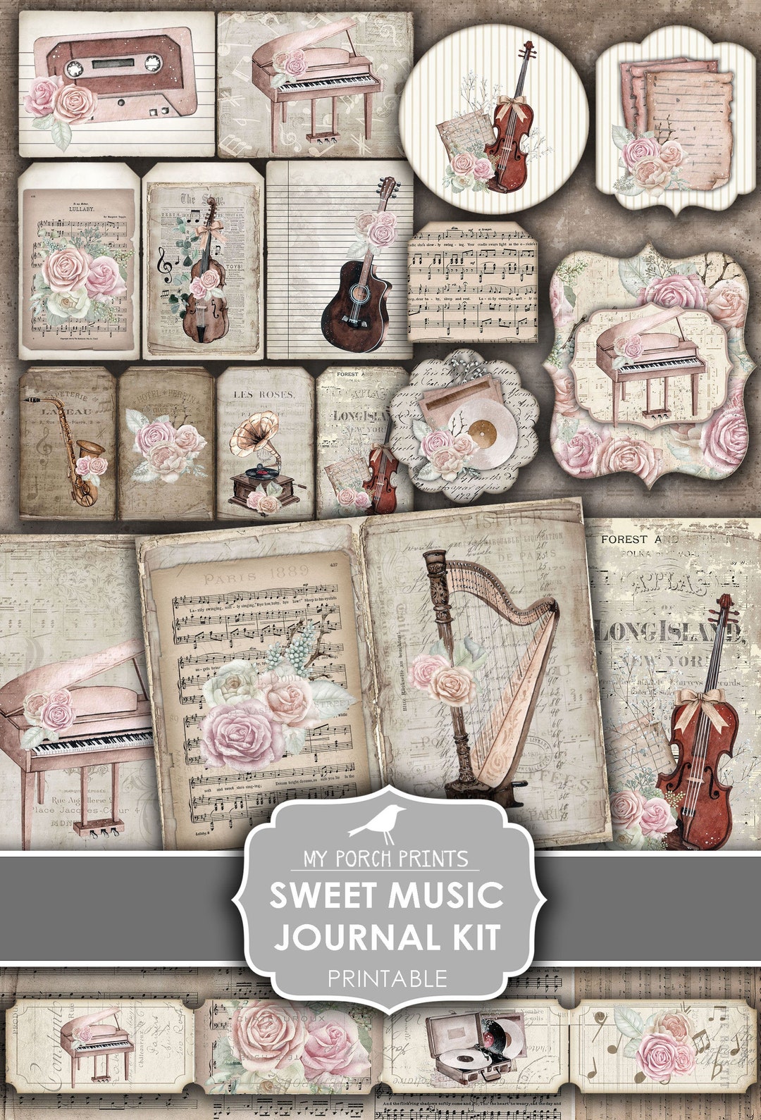 Junk Journal Kit, Sweet, Music, Instrument, Piano, Guitar, Violin ...