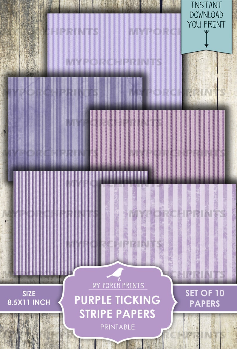 Junk Journal, Ticking Stripe, Papers, Purple, Lavender, Printable ...
