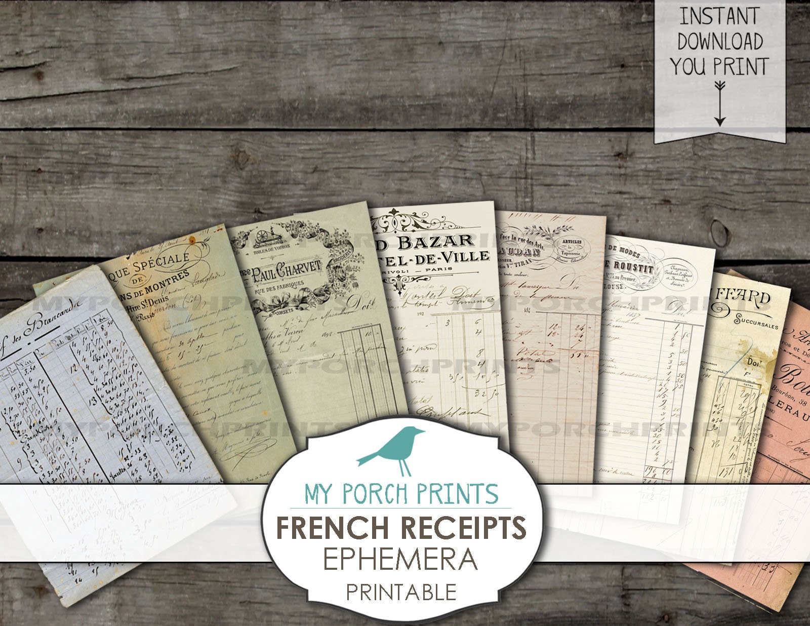 French Receipts Ephemera Cards, Ledger, Invoice, Scrapbooking, Shabby ...