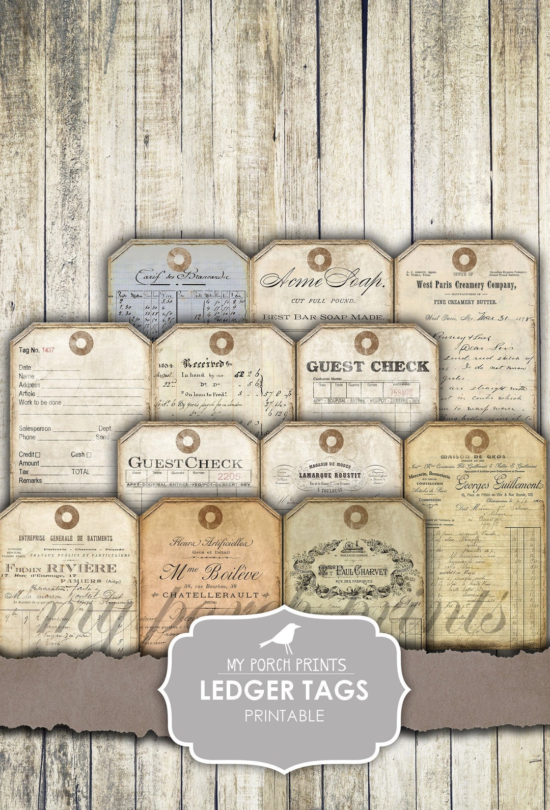 Ledger Tags, Junk Journal, Ephemera, My Porch Prints, Embellishment ...