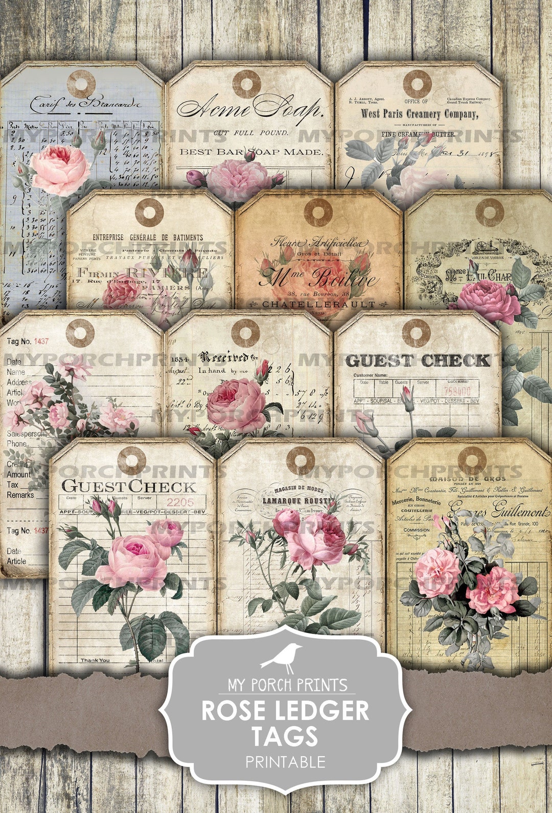 Rose Ledger Tags, Junk Journal, Ephemera, My Porch Prints ...