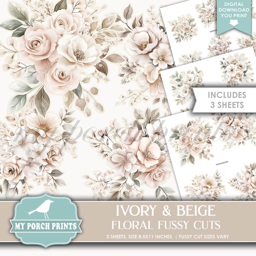 Ivory and Beige Floral FUSSY CUTS, Junk Journal, White, Flowers ...