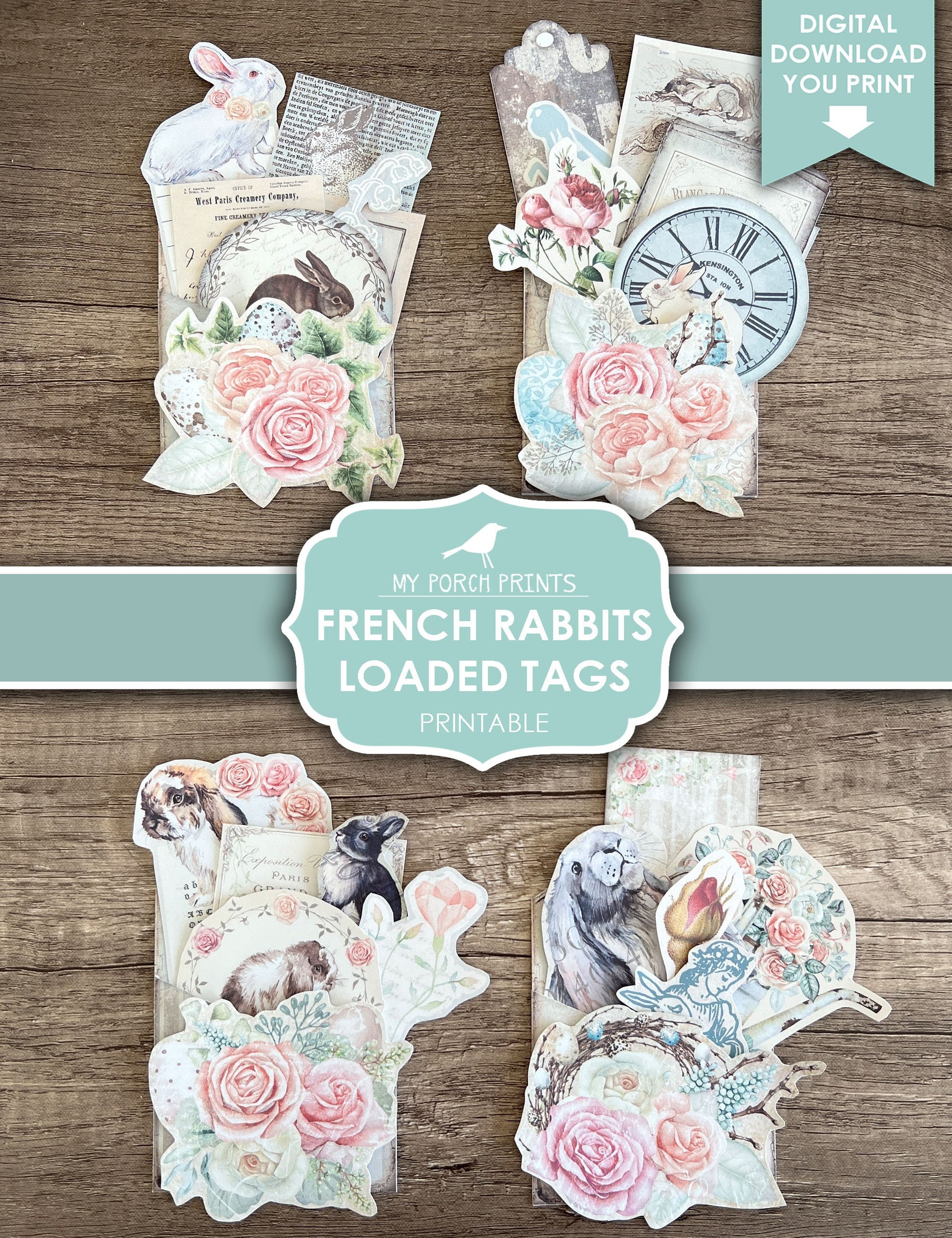 French, Rabbits, Loaded Tags, Junk Journal, Easter, Bunny, Basket ...