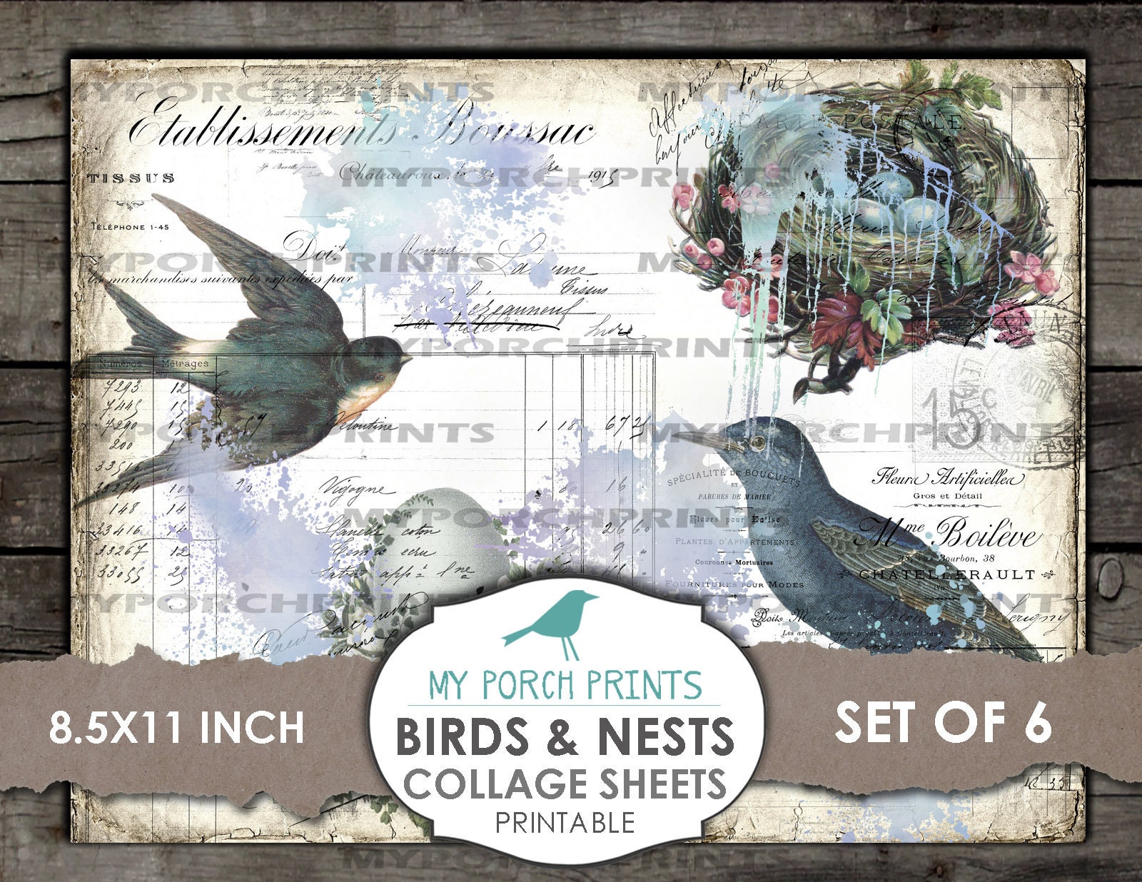 Bird Nest Collage Sheet Journal Page Watercolor My Porch - Etsy