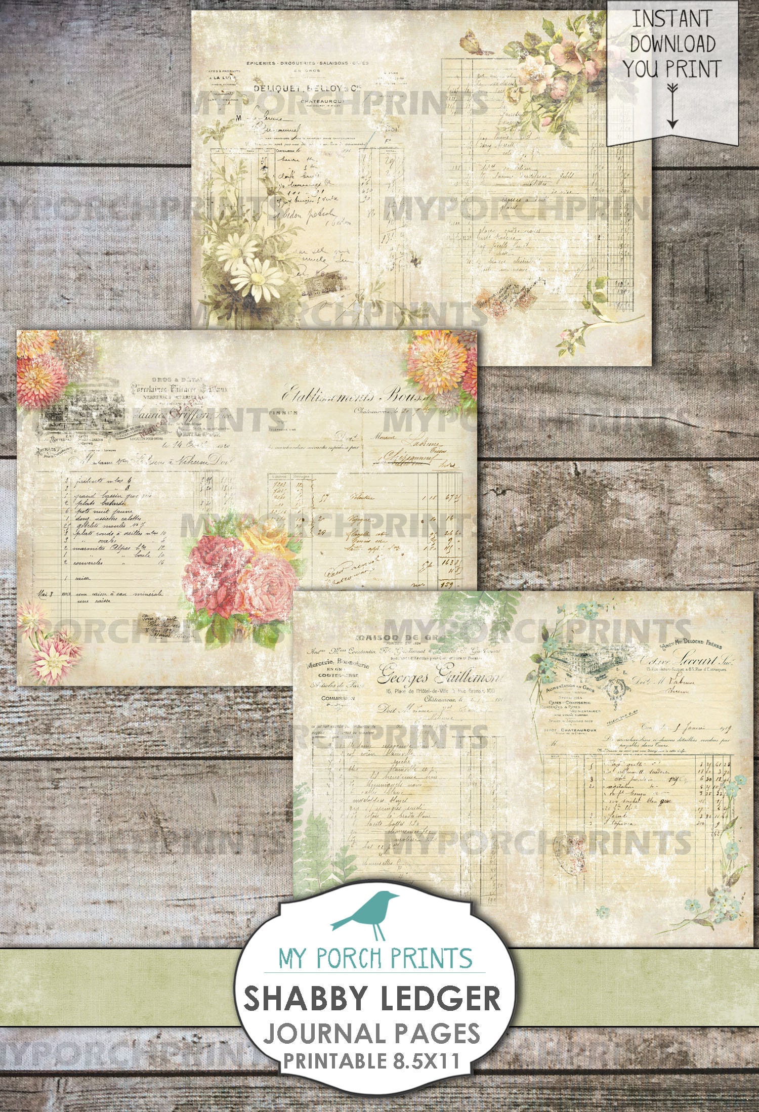 Shabby Ledger Journal Pages, Collage Sheet, Floral, Flowers, Book ...
