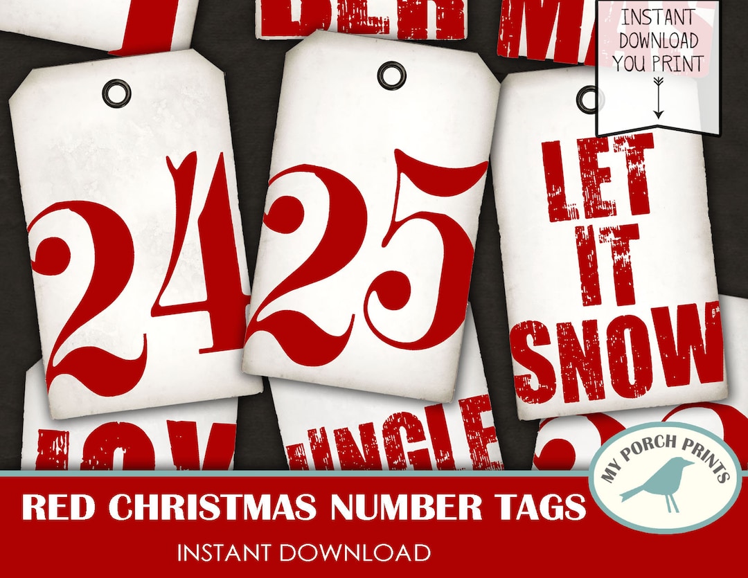 Red Christmas Number Tags, Countdown, Advent, December Daily, Numbers ...