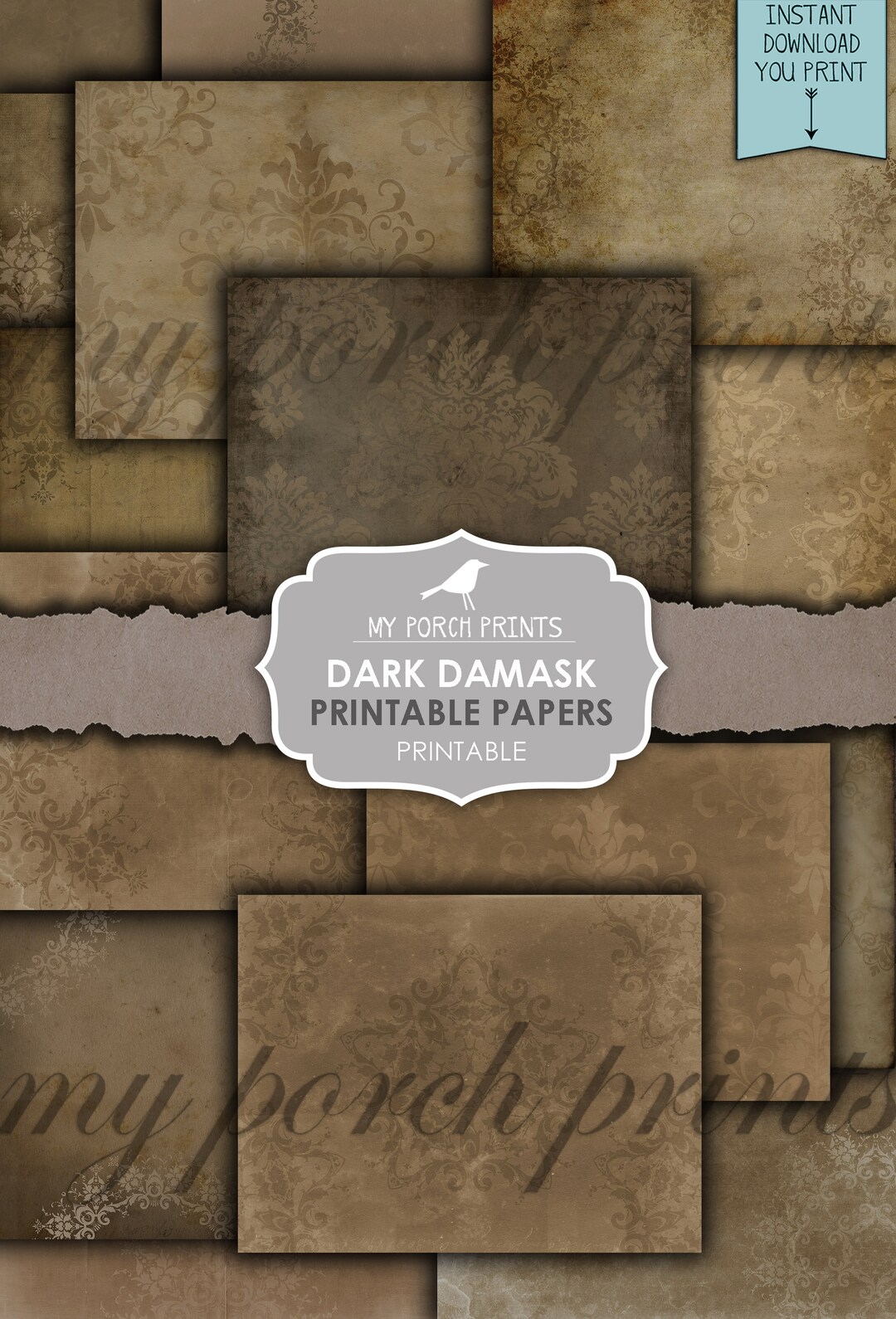 Dark Damask Printable Paper, Grunge, Junk Journal, Coffee Dyed Paper ...