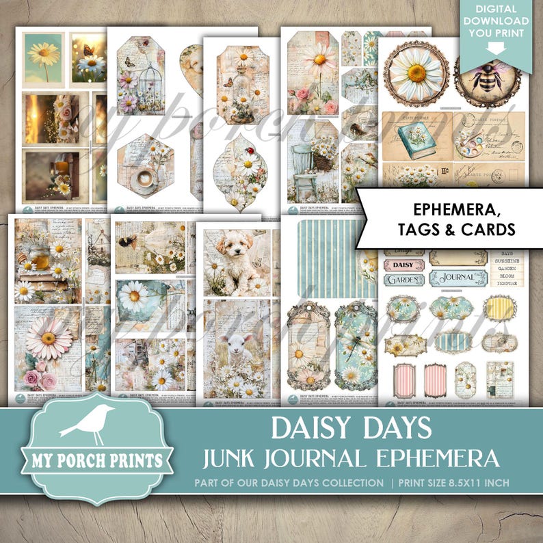 Daisy Days EPHEMERA, Flowers Cottage Blue Pink Yellow Kit Farm Country ...