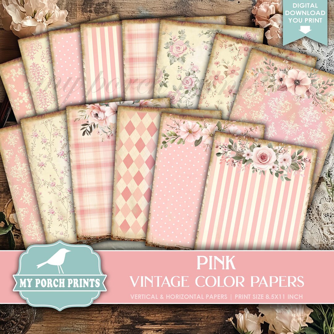 Pink Vintage Color Papers Junk Journal Vertical and Horizontal Floral ...