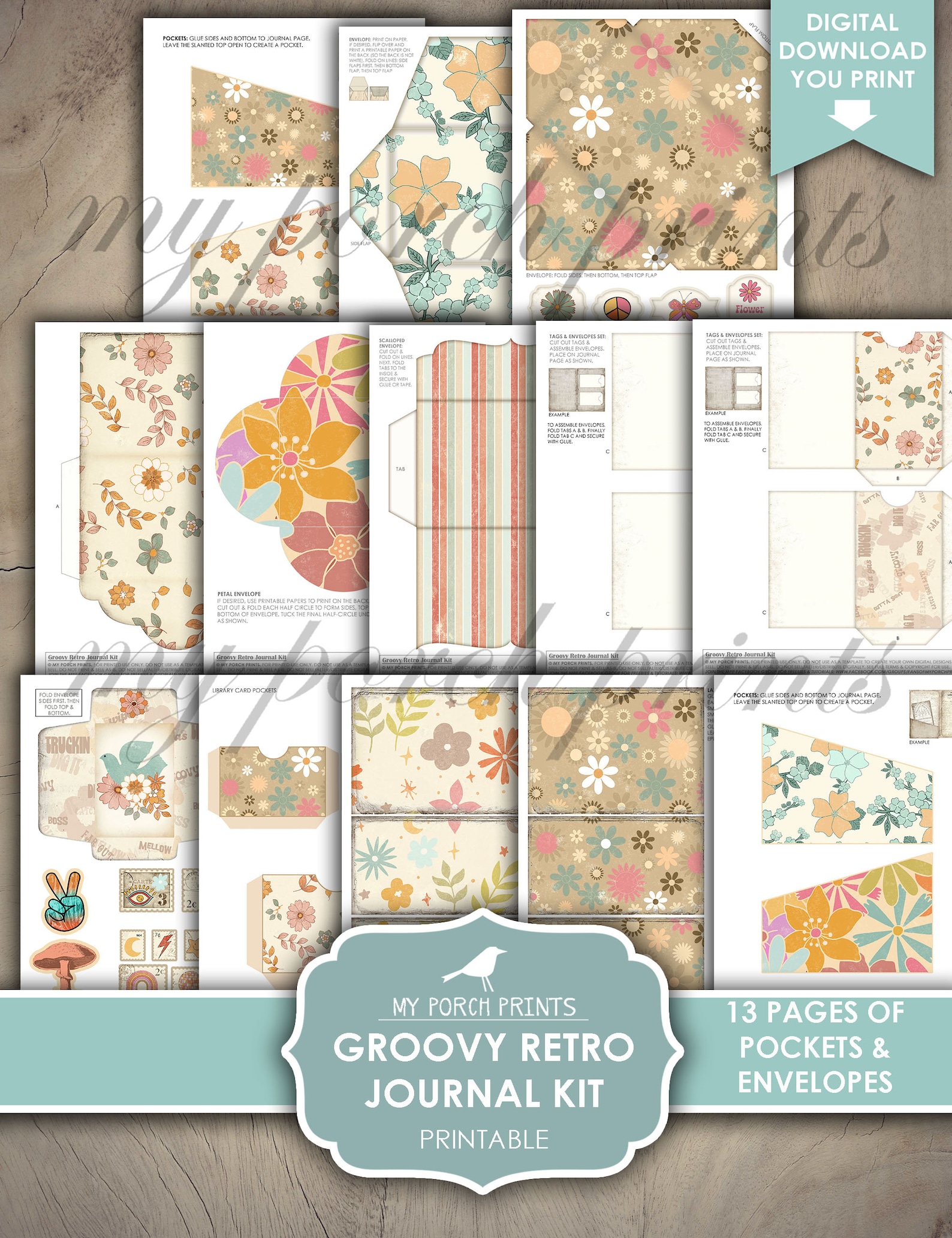 Junk Journal Kit, Groovy, Retro, 60s, 70s, Hippie, Hippy, 1960s, 1970s ...