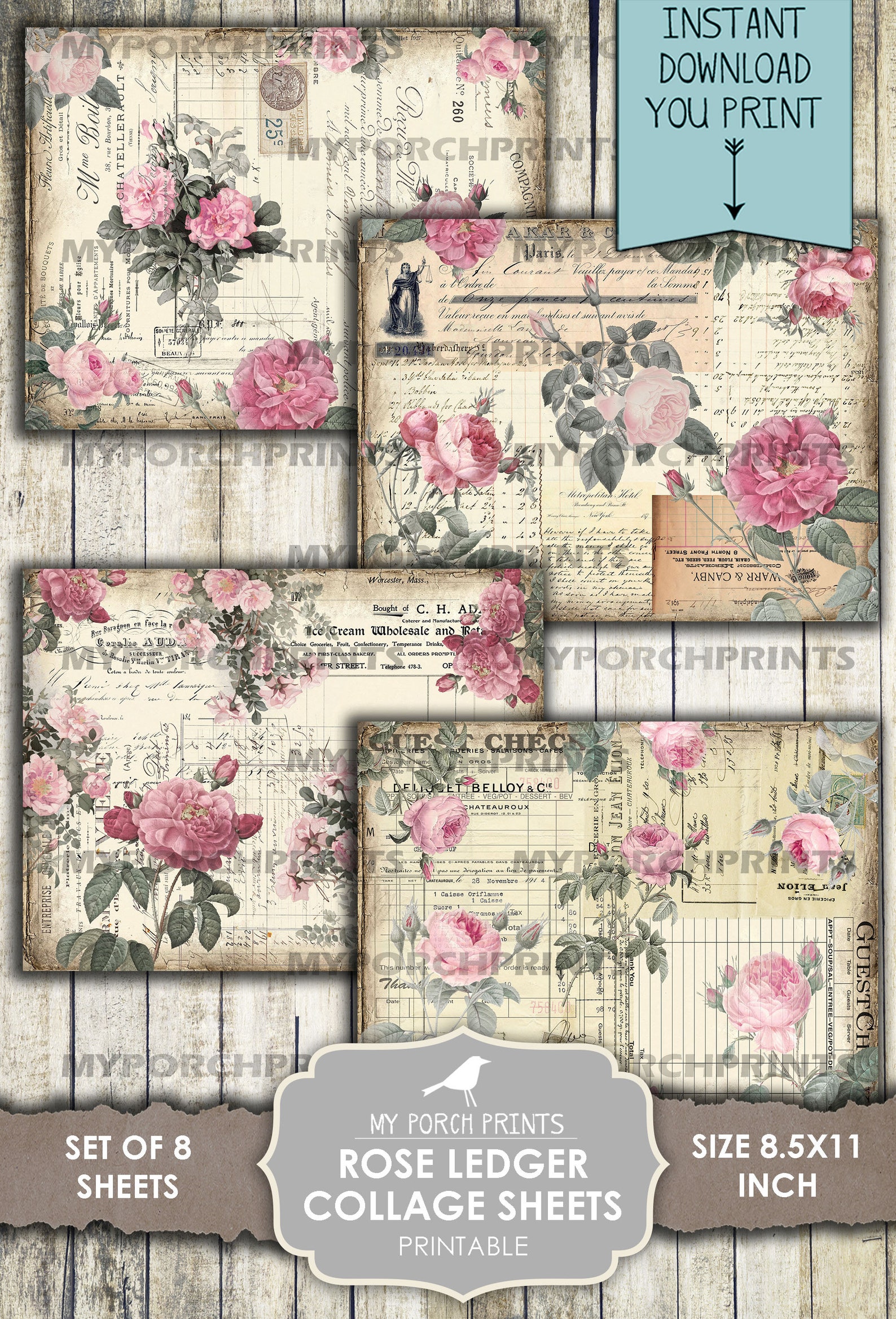 Junk Journal, Rose, Ledger, Collage Sheets, Printable Papers, Junk ...