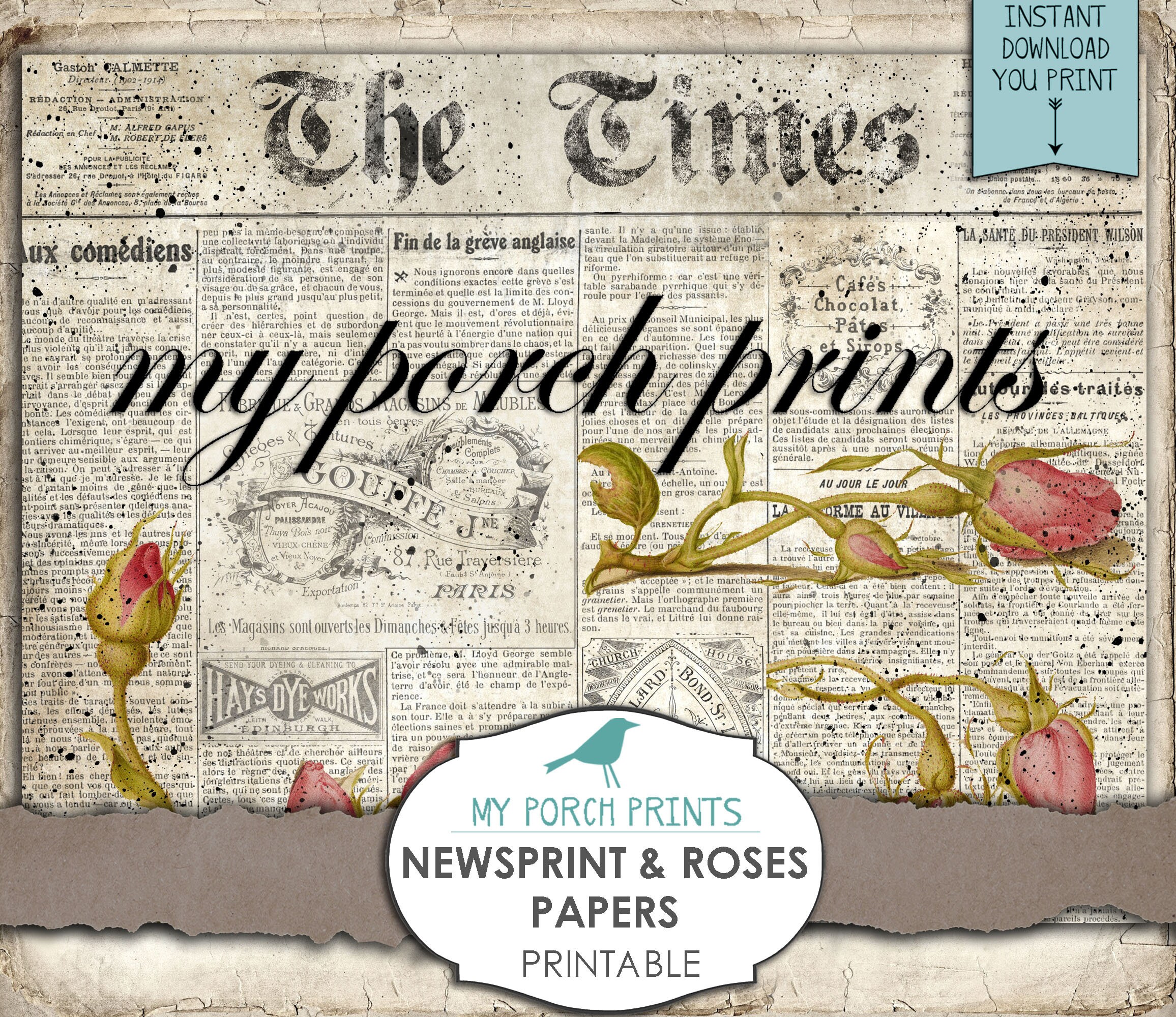 Newspaper Roses, Printable, Paper, Newsprint, Junk Journal, Digital Kit ...