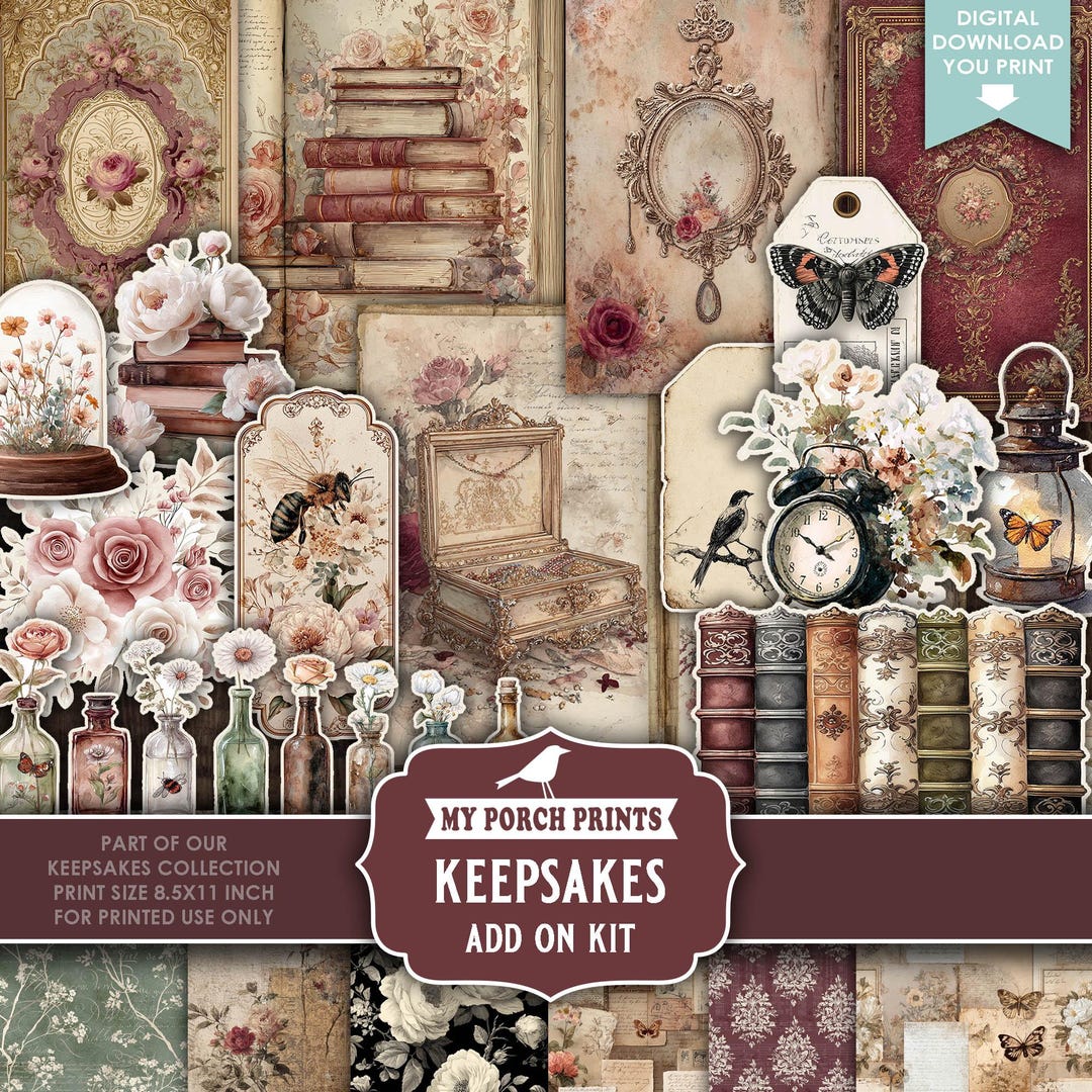 Keepsakes Junk Journal ADD-ON KIT, Ephemera, Burgundy, Vintage, Sepia ...