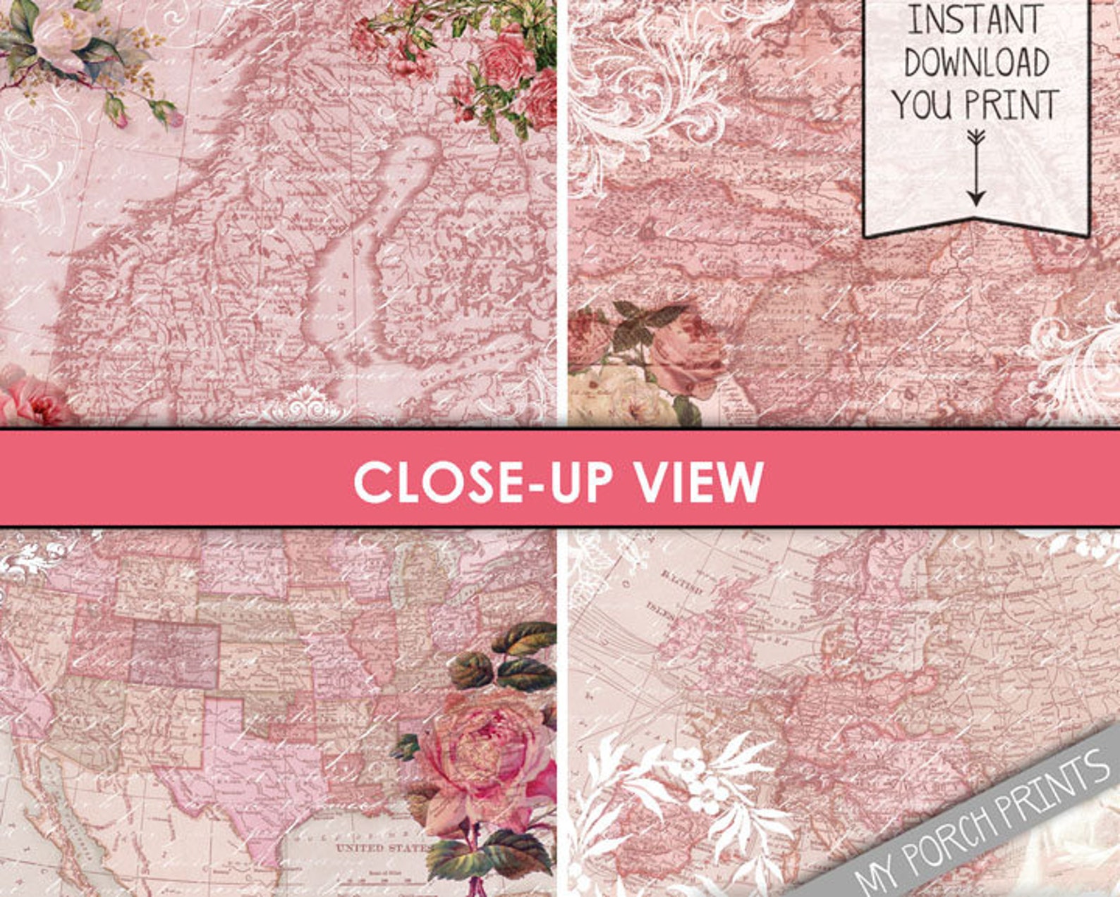 Junk Journal, Maps, Shabby, Pink, Romantic Maps, Printable Paper ...