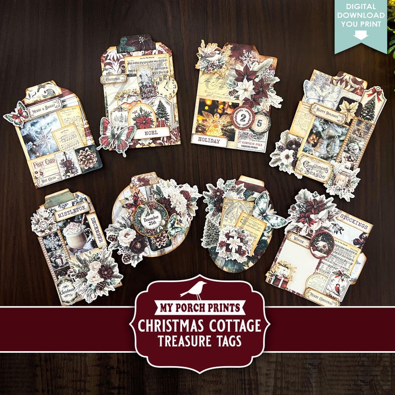 Christmas Cottage Treasure Tags Kit, Junk Journal Fussy Cuts Winter ...