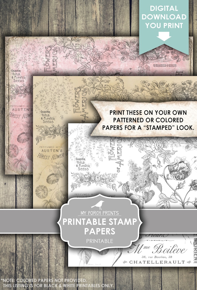 Printable Stamp Papers Junk Journal Vintage Black and - Etsy