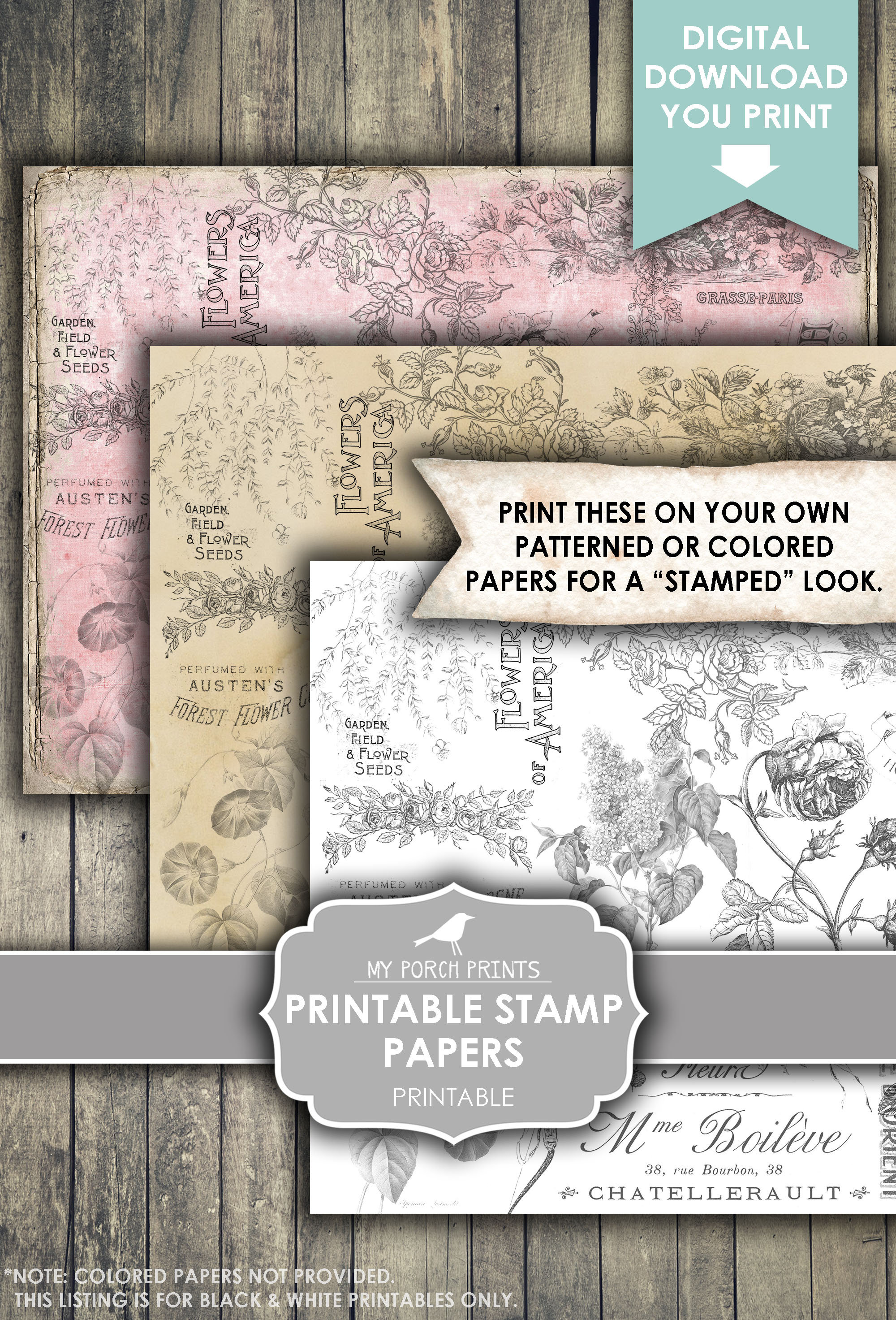 Printable Stamp Papers Junk Journal Vintage Black and - Etsy