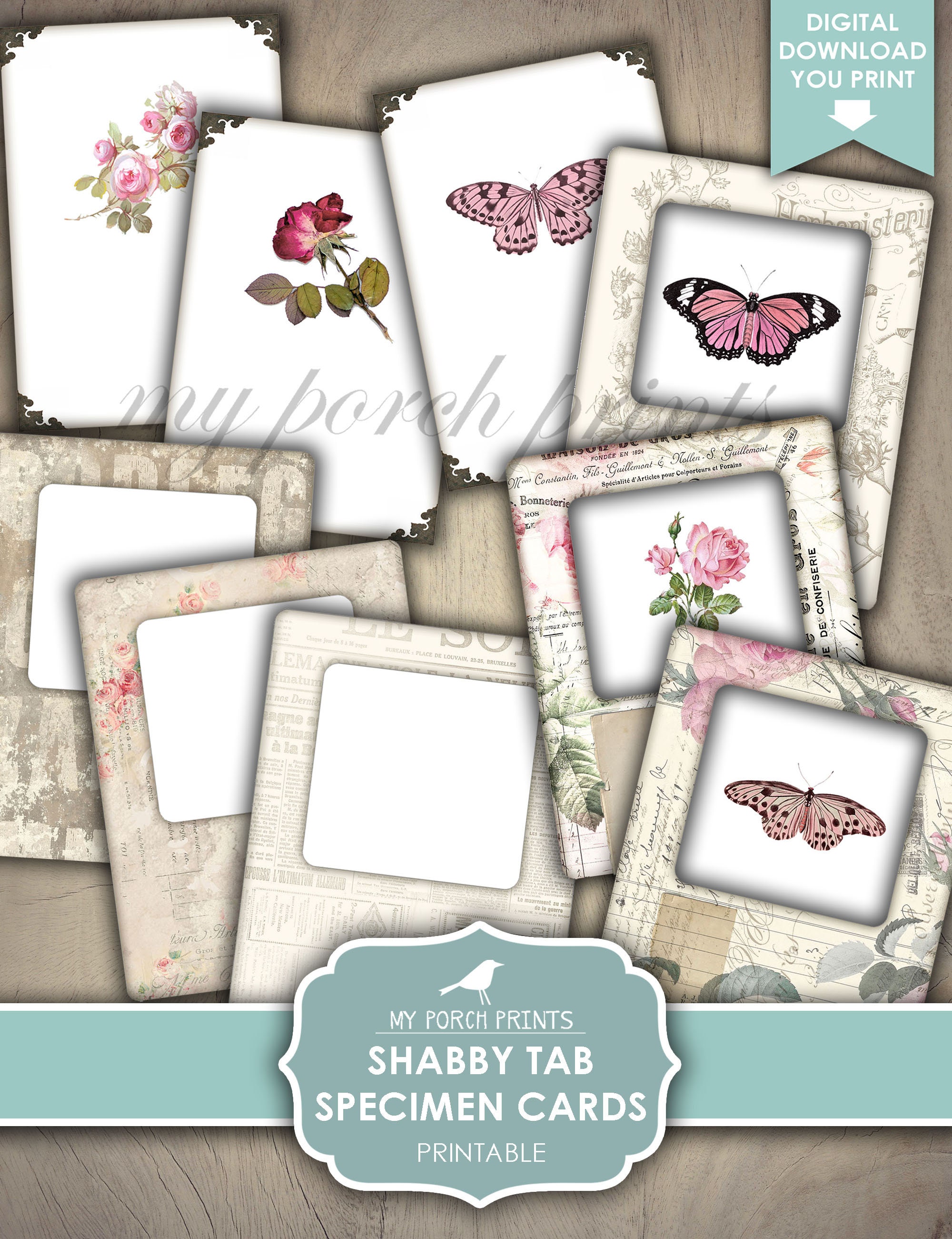 Junk Journal, Specimen Cards, Shabby, Tab, Roses, Butterflies, Clear ...