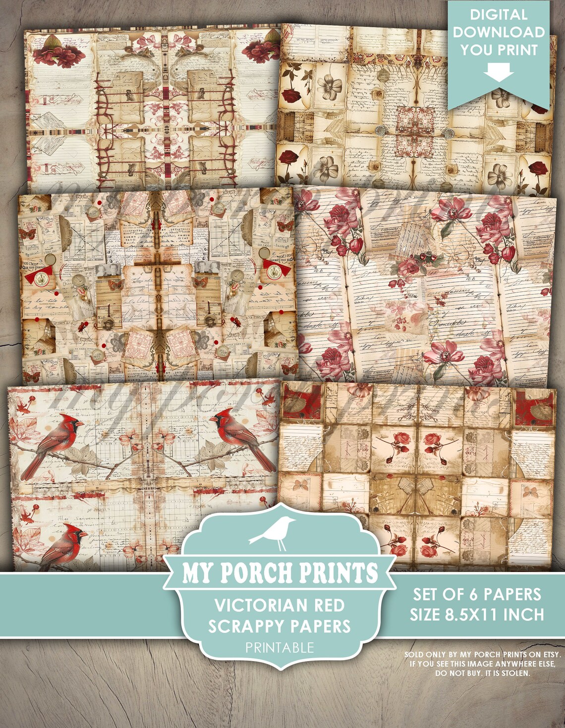 Victorian Red Scrappy Papers, Junk Journal, Pages, Floral, Vintage ...