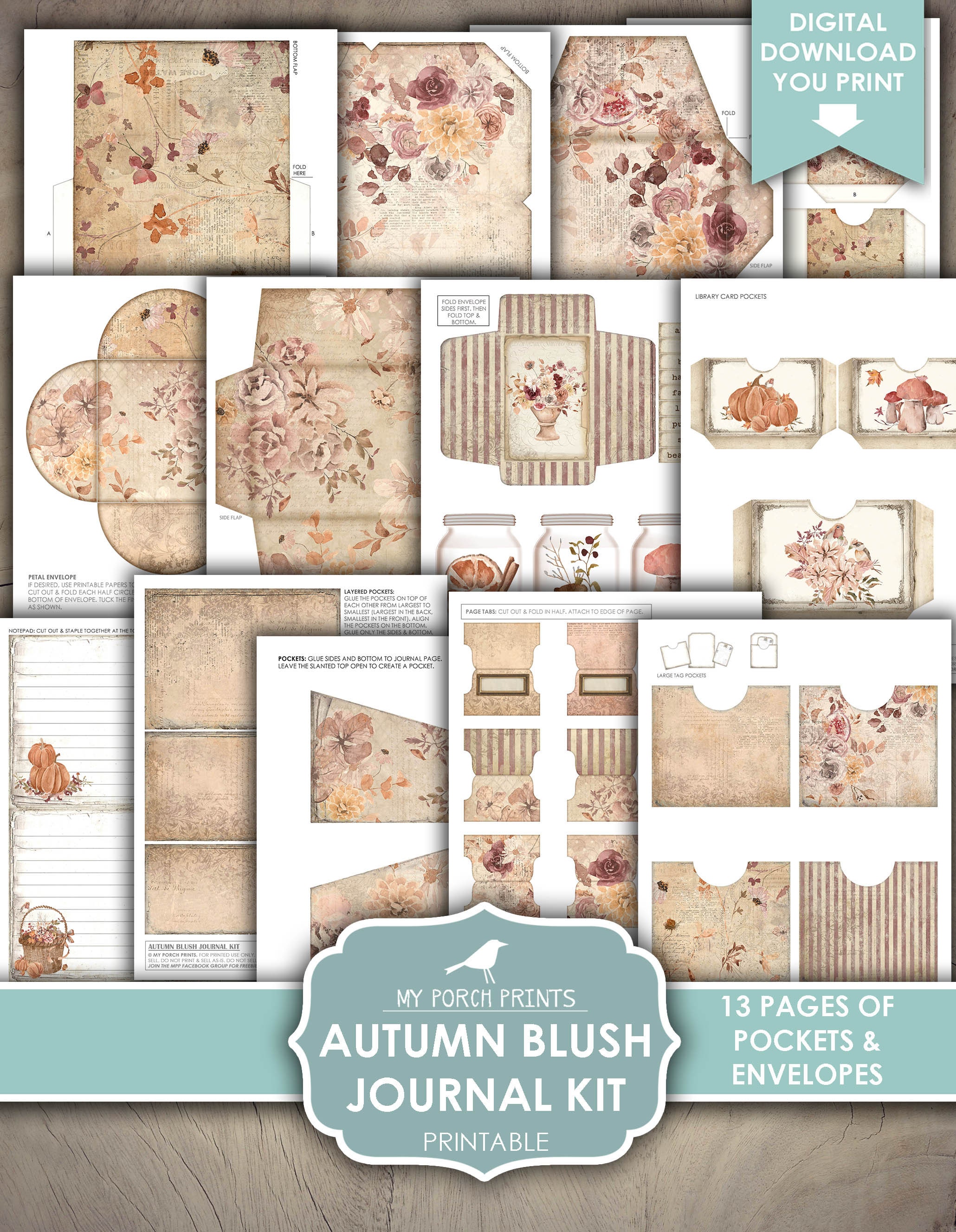 Junk Journal Kit, Autumn, Blush, Fall, Pumpkin, Pink, Apple, Paper ...