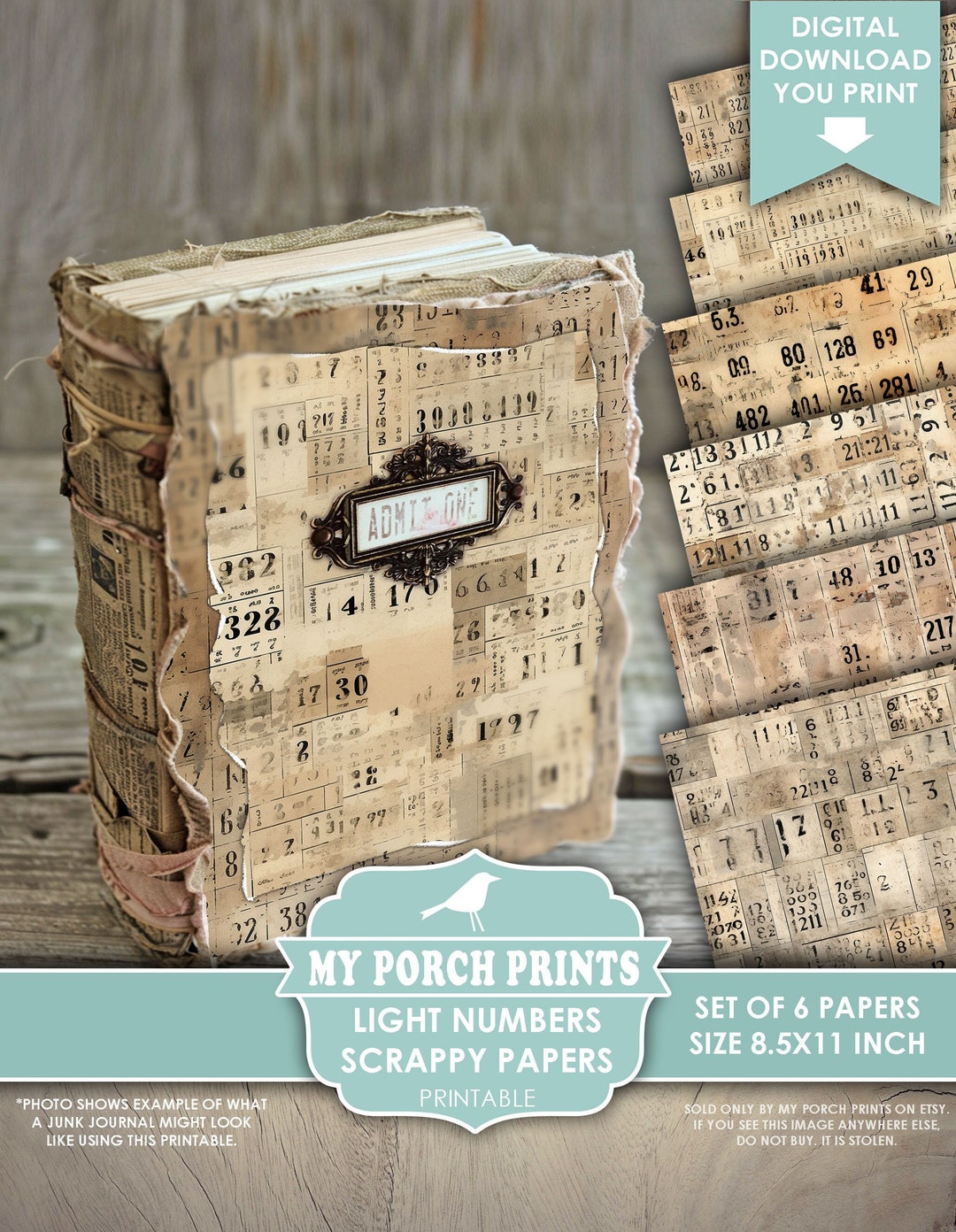 Light Number Scrappy Papers, Junk Journal, Sepia, Vintage, Grunge ...