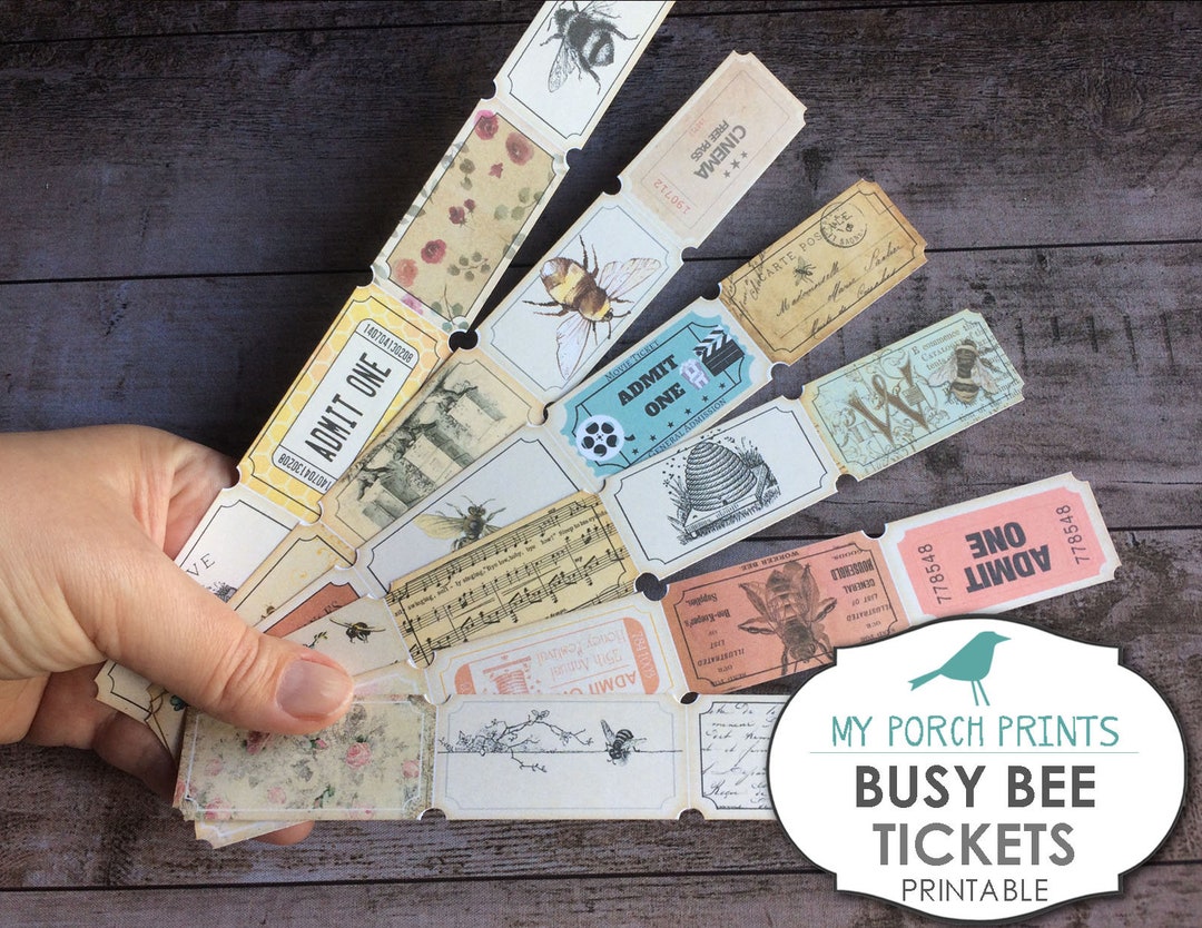 Busy Bee Tickets, Printable Ephemera, Junk Journal Kit, Collage Sheet ...