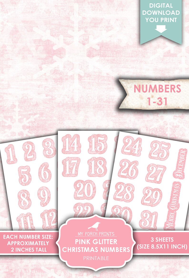 Pink Glitter Christmas Advent Numbers, Junk Journal, 1-31, Tags ...