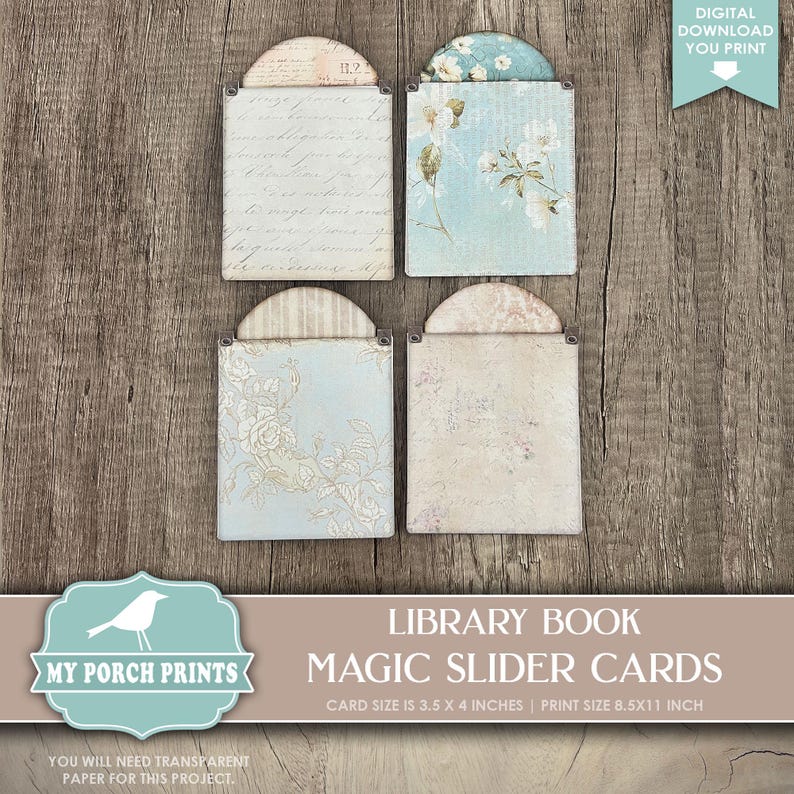 Library Book Magic Slider Cards, Junk Journal, Black and White, Color ...