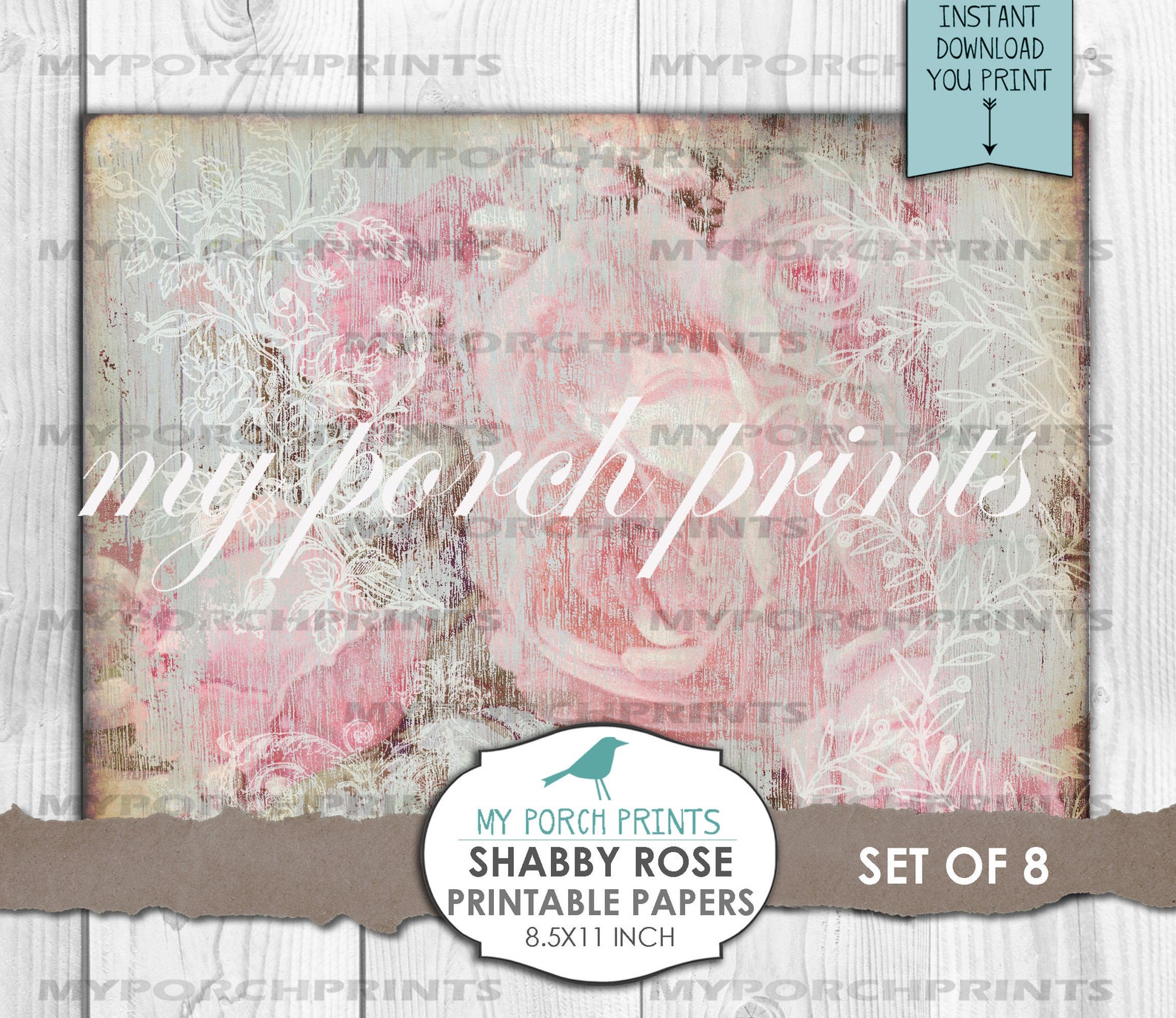 Shabby Rose Printable Papers, Collage Sheet, Journal Page, Blue, Pink ...