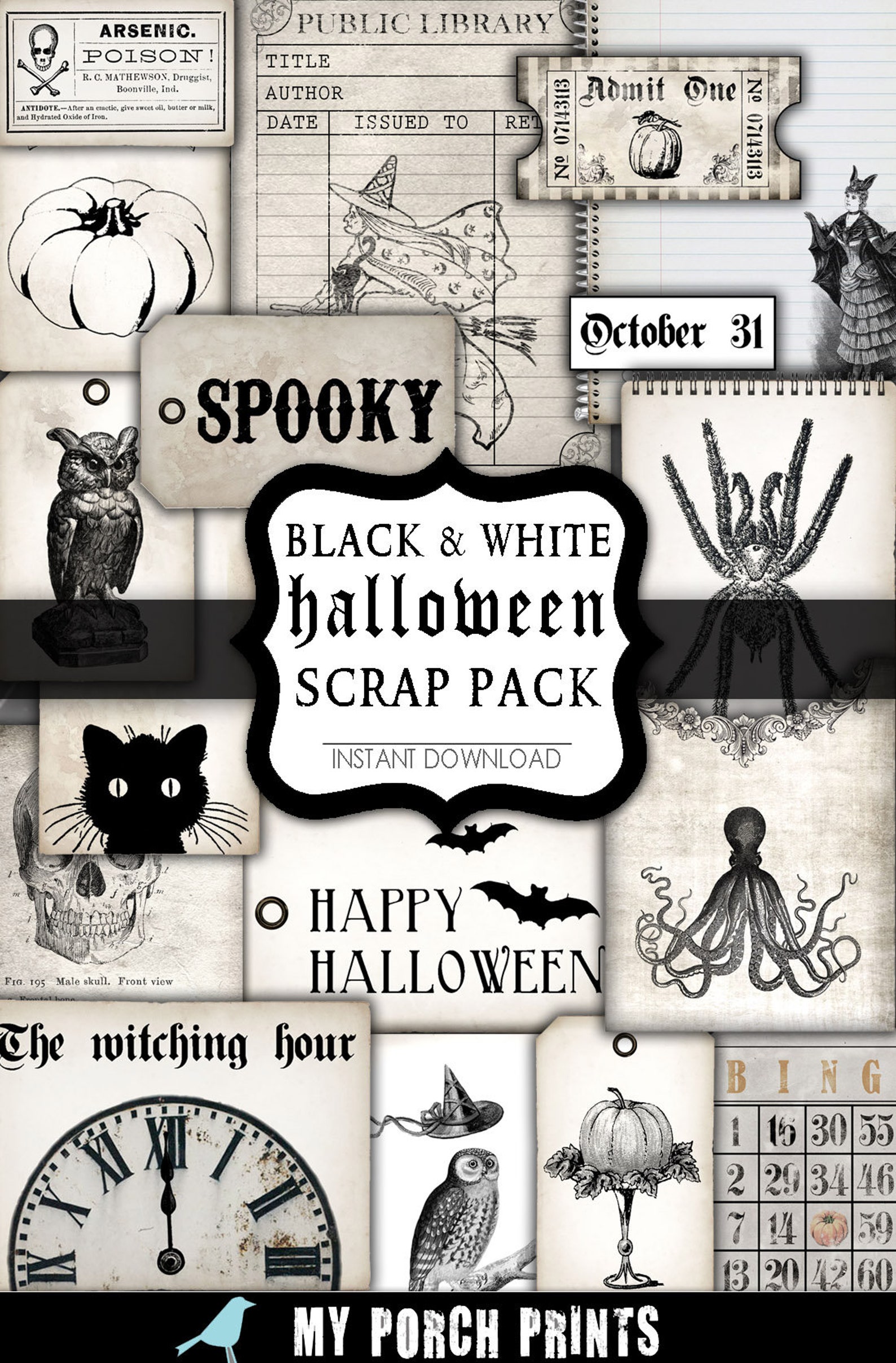 Halloween Scrapbook Kit, Black & White, Junk Journal Kit, Scrap Pack ...