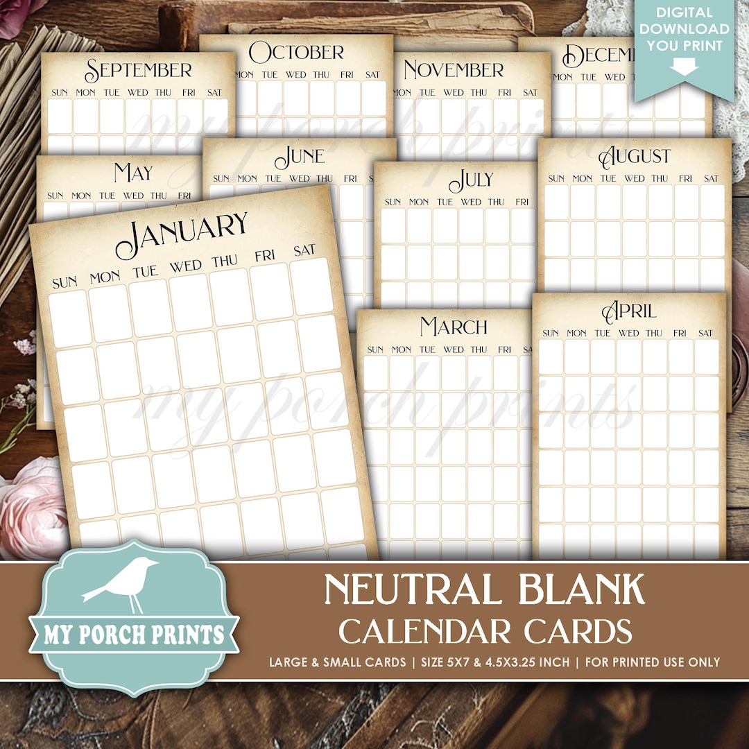 Neutral Blank Calendar Cards, Junk Journal, Planner, Perpetual, Vintage ...