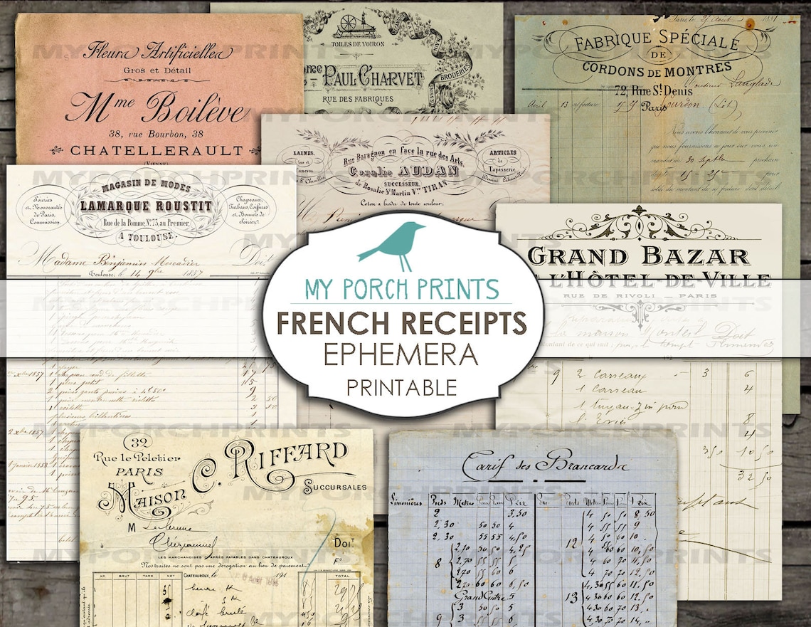 French Receipts Ephemera Cards, Ledger, Invoice, Scrapbooking, Shabby ...