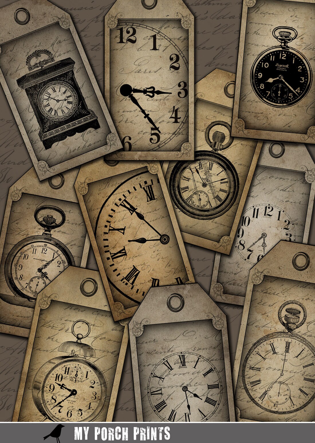 Clock Tags, Scrapbook Paper, Steampunk, Grunge, Party, Potion Labels ...