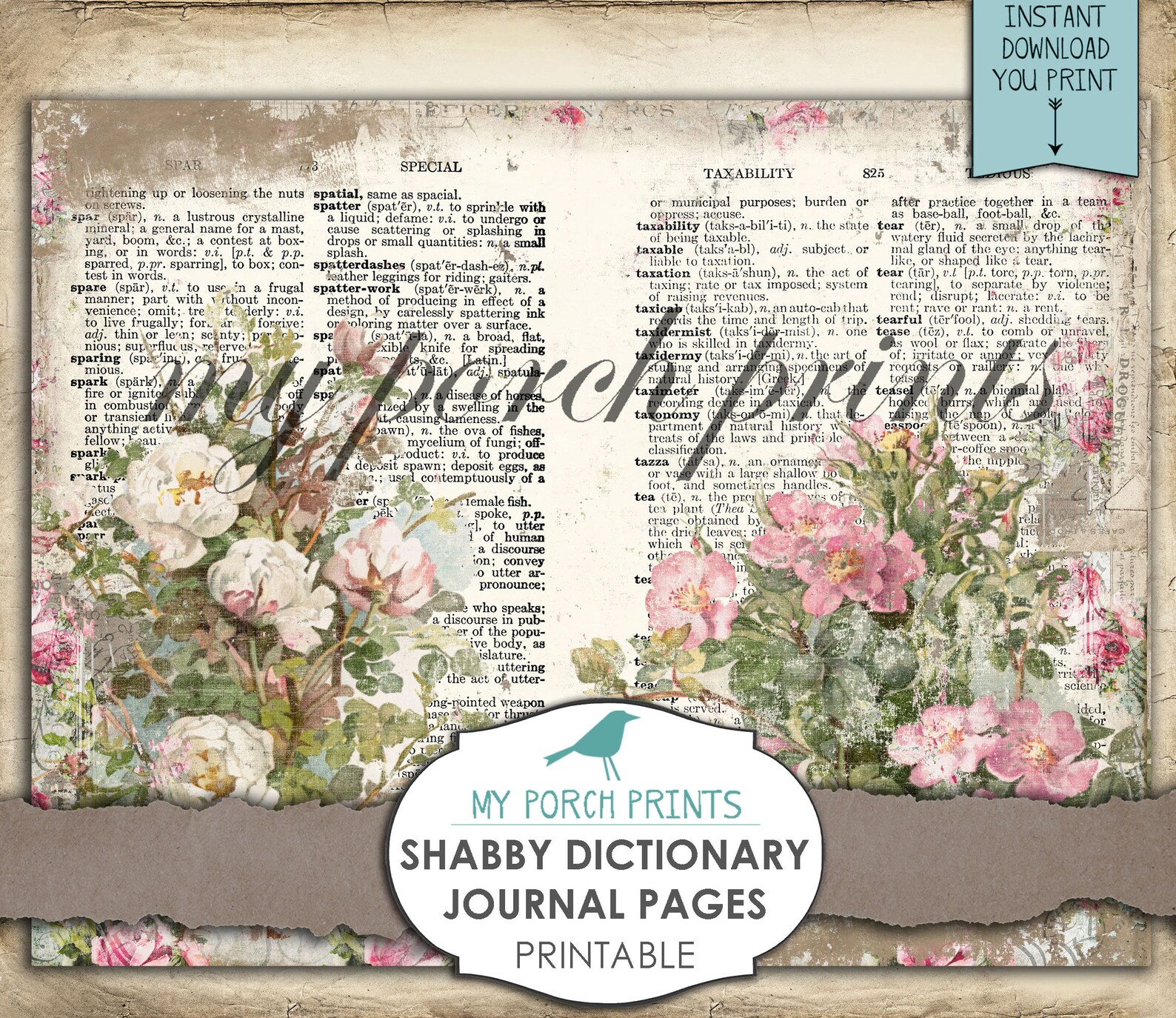 Shabby Dictionary Journal Pages, Printable Paper, Junk Journal, Digi ...