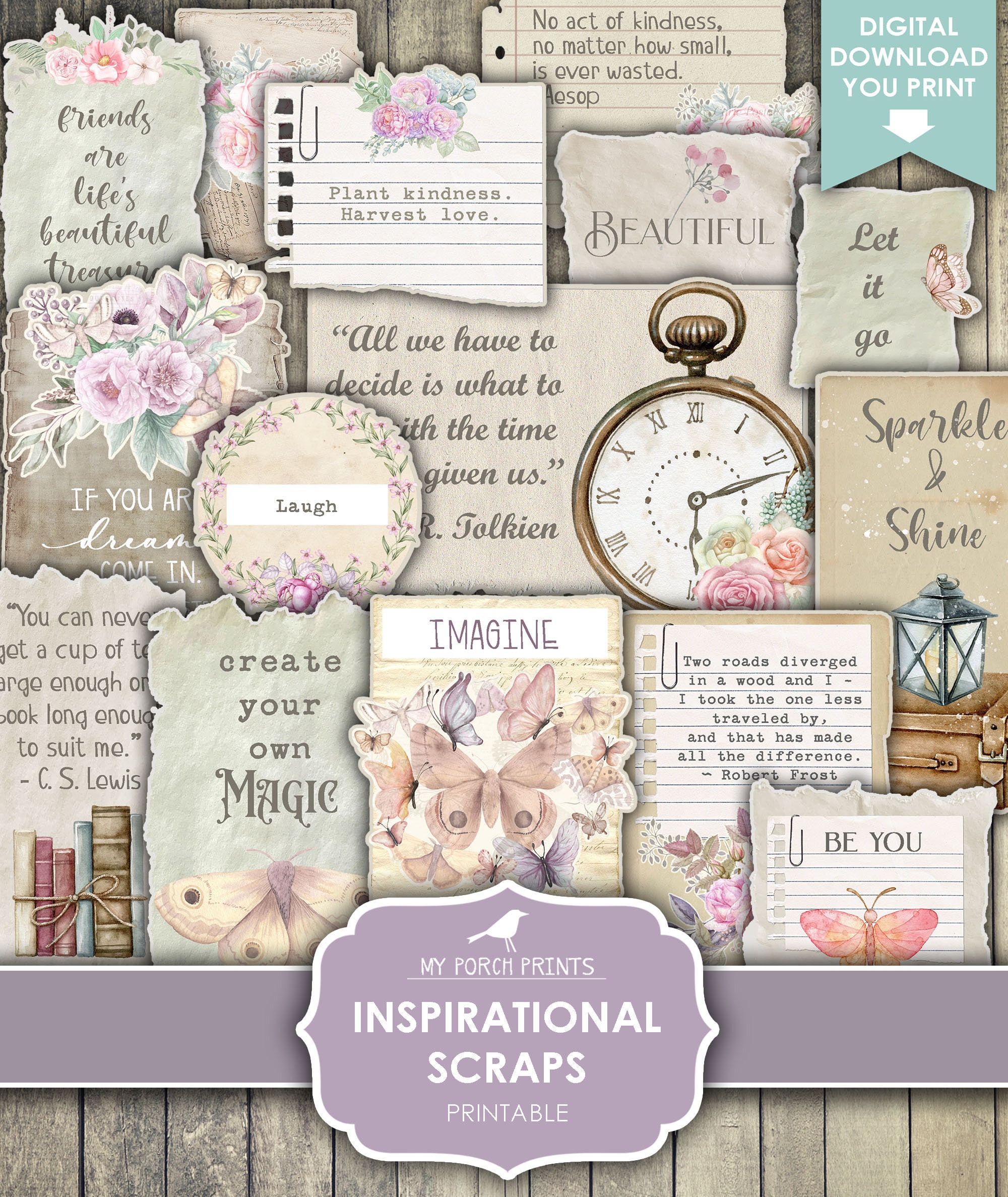 Inspirational Scraps, Junk Journal, Journal Words, Stickers, Flowers ...