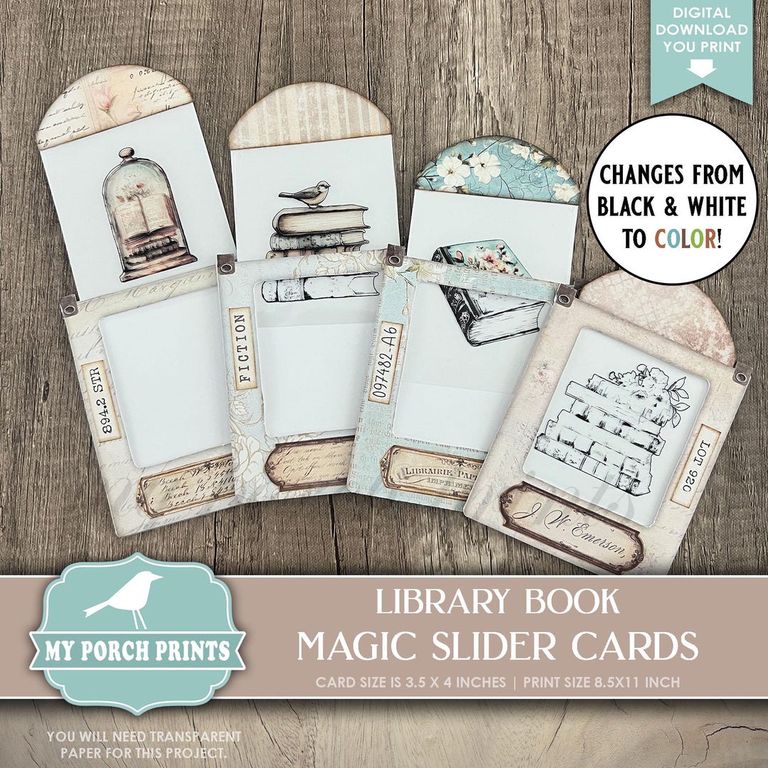 Library Book Magic Slider Cards, Junk Journal, Black and White, Color ...