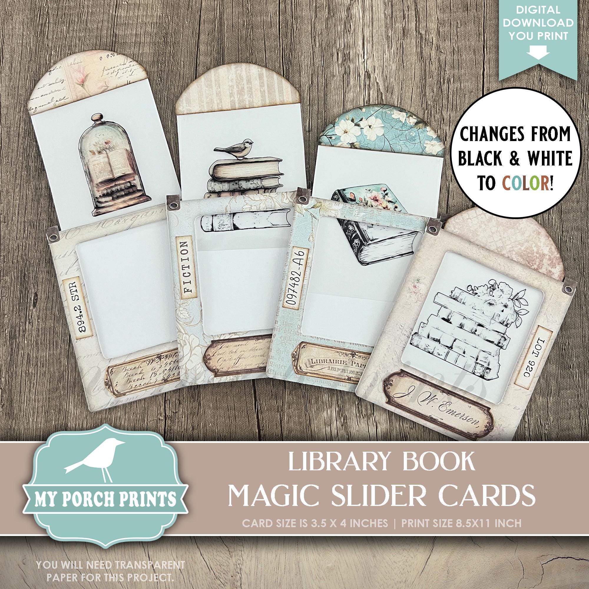 Library Book Magic Slider Cards, Junk Journal, Black and White, Color ...
