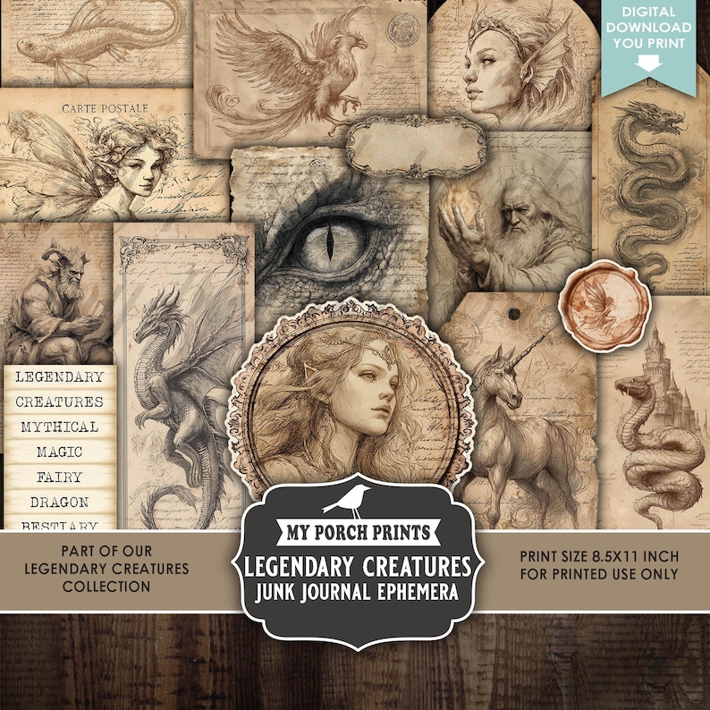 Legendary Creatures Junk Journal EPHEMERA, Kit, Magical, Neutral ...