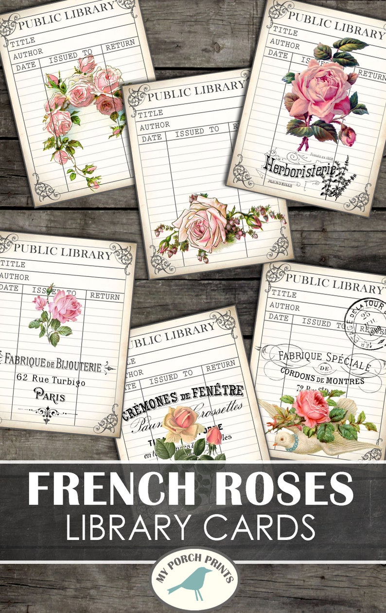 Library Cards, French, Rose, Scrapbooking, ATC, Valentine, Tag ...