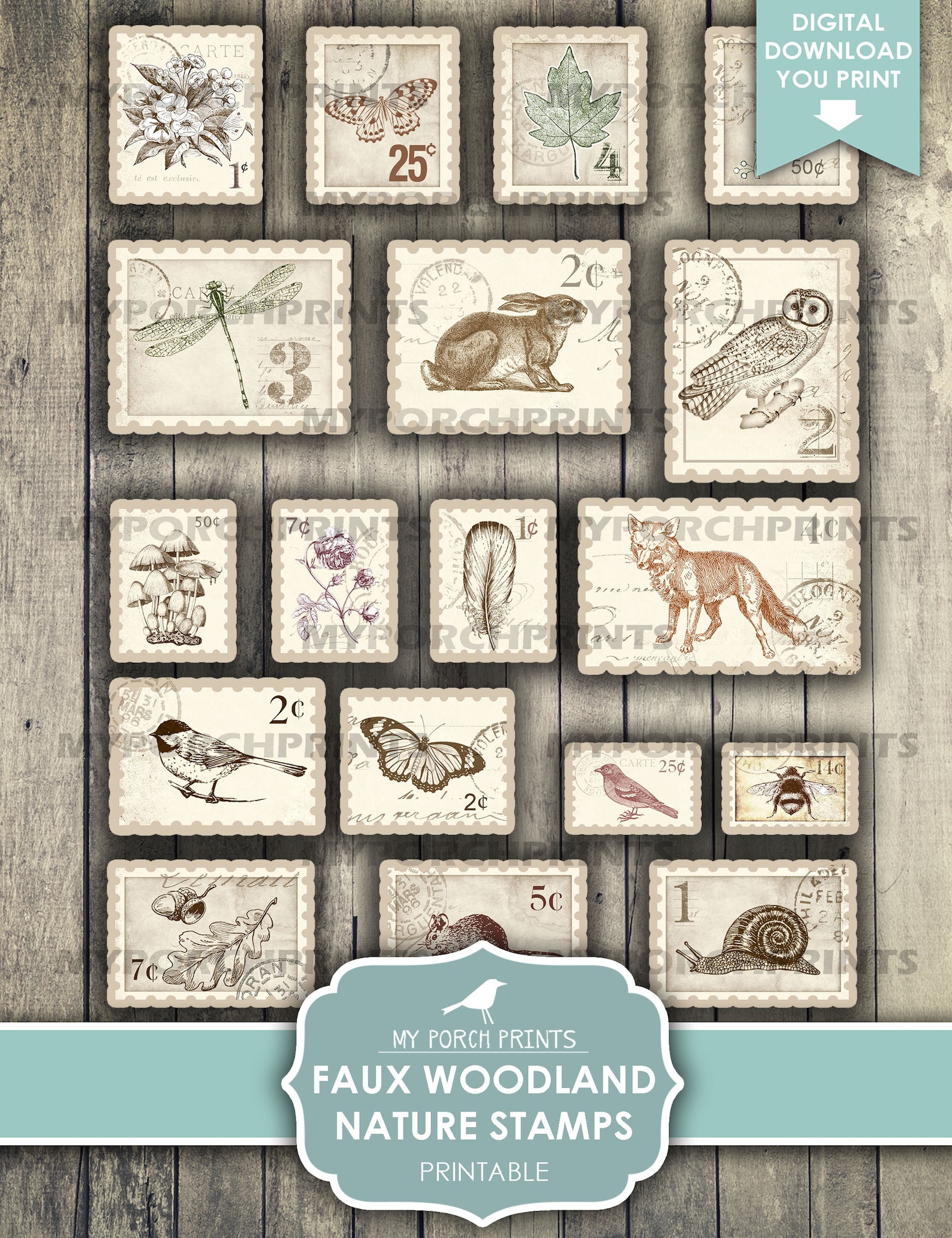Woodland, Nature, Stamps, Faux, Junk Journal, Stickers, Fussy Cut ...