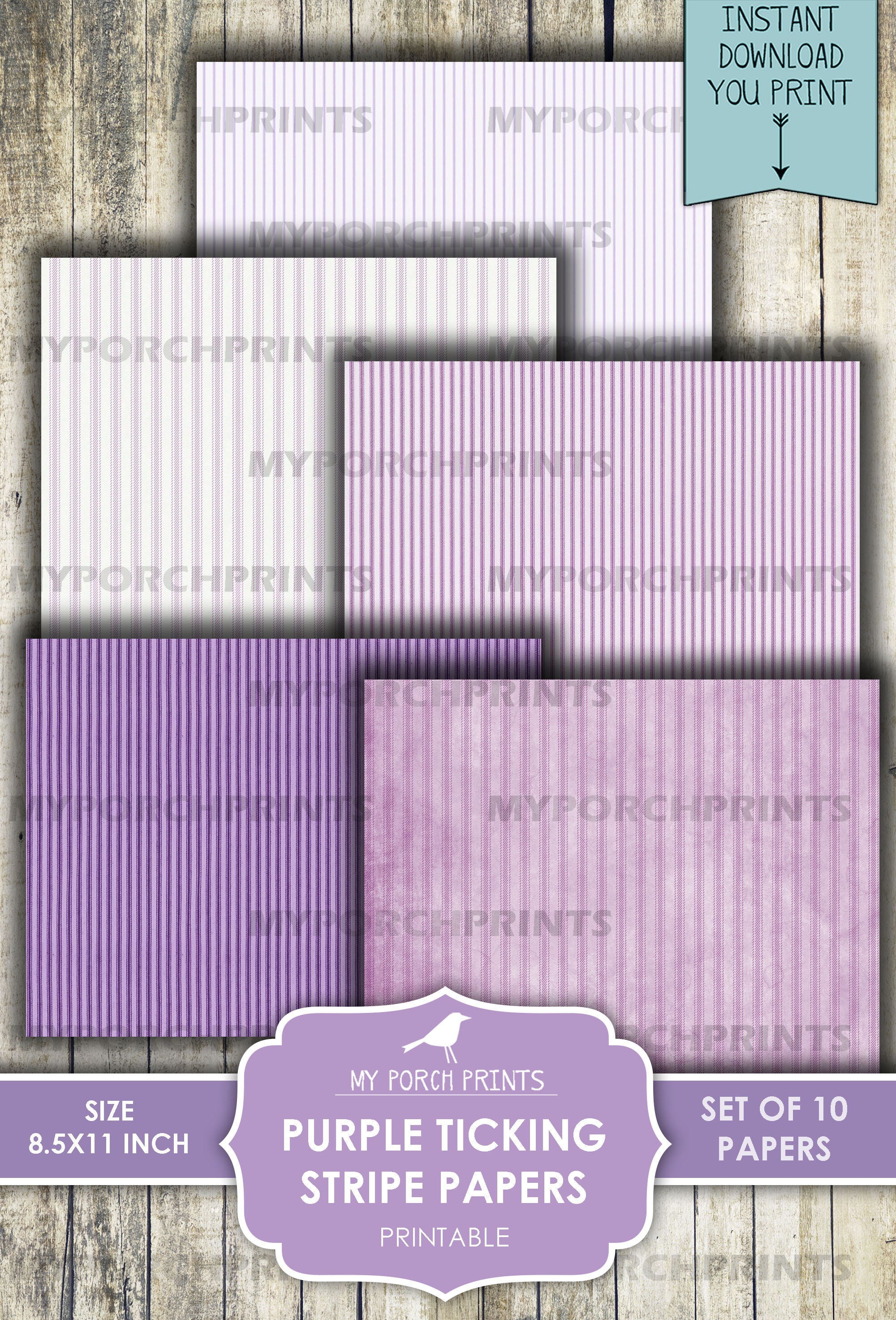 Junk Journal, Ticking Stripe, Papers, Purple, Lavender, Printable ...