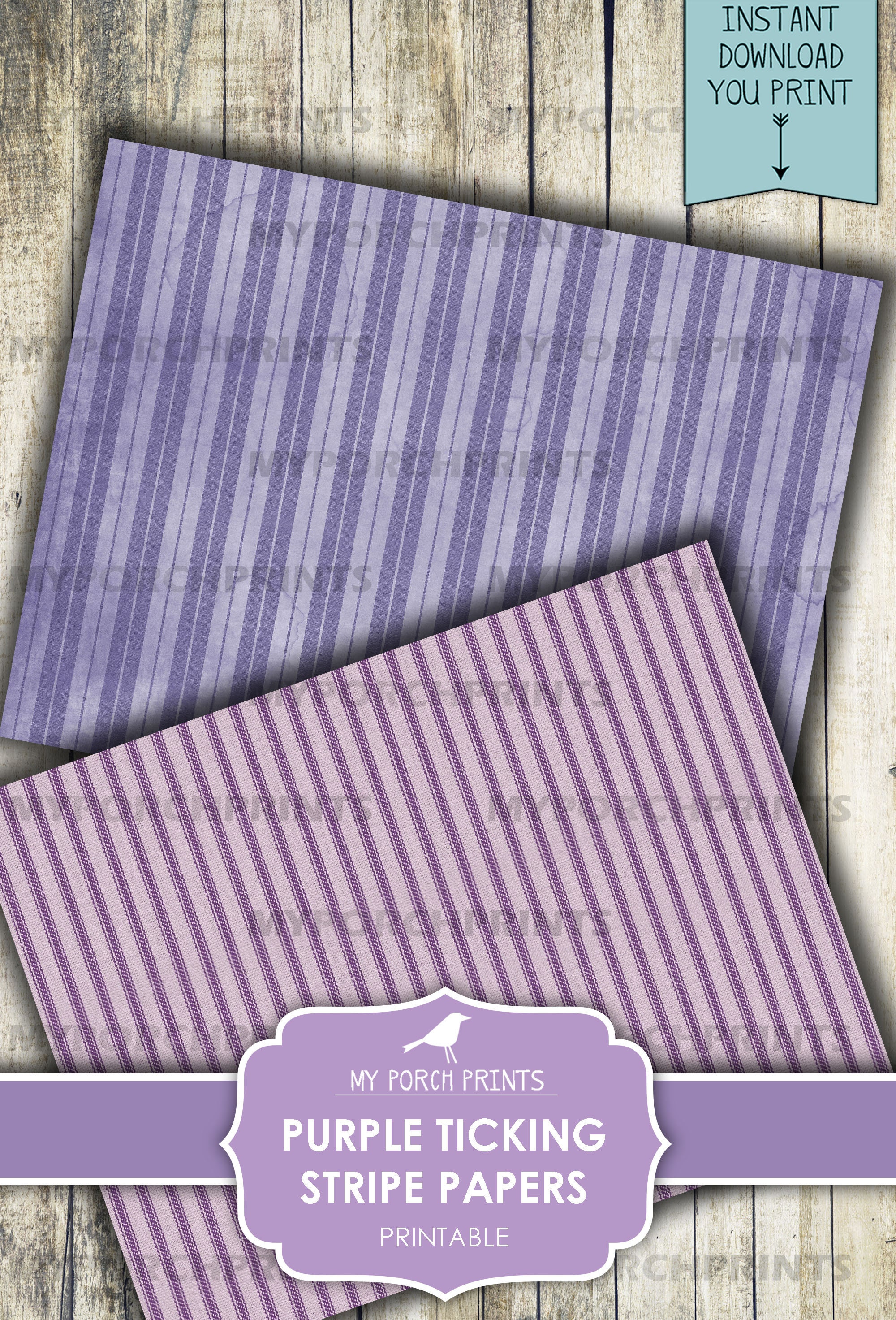 Junk Journal, Ticking Stripe, Papers, Purple, Lavender, Printable ...