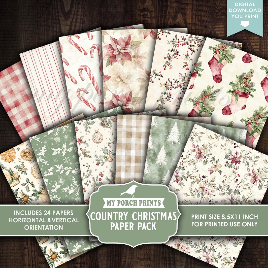 Country Christmas Paper Pack, Junk Journal, Holiday, Merry, Red, Green ...