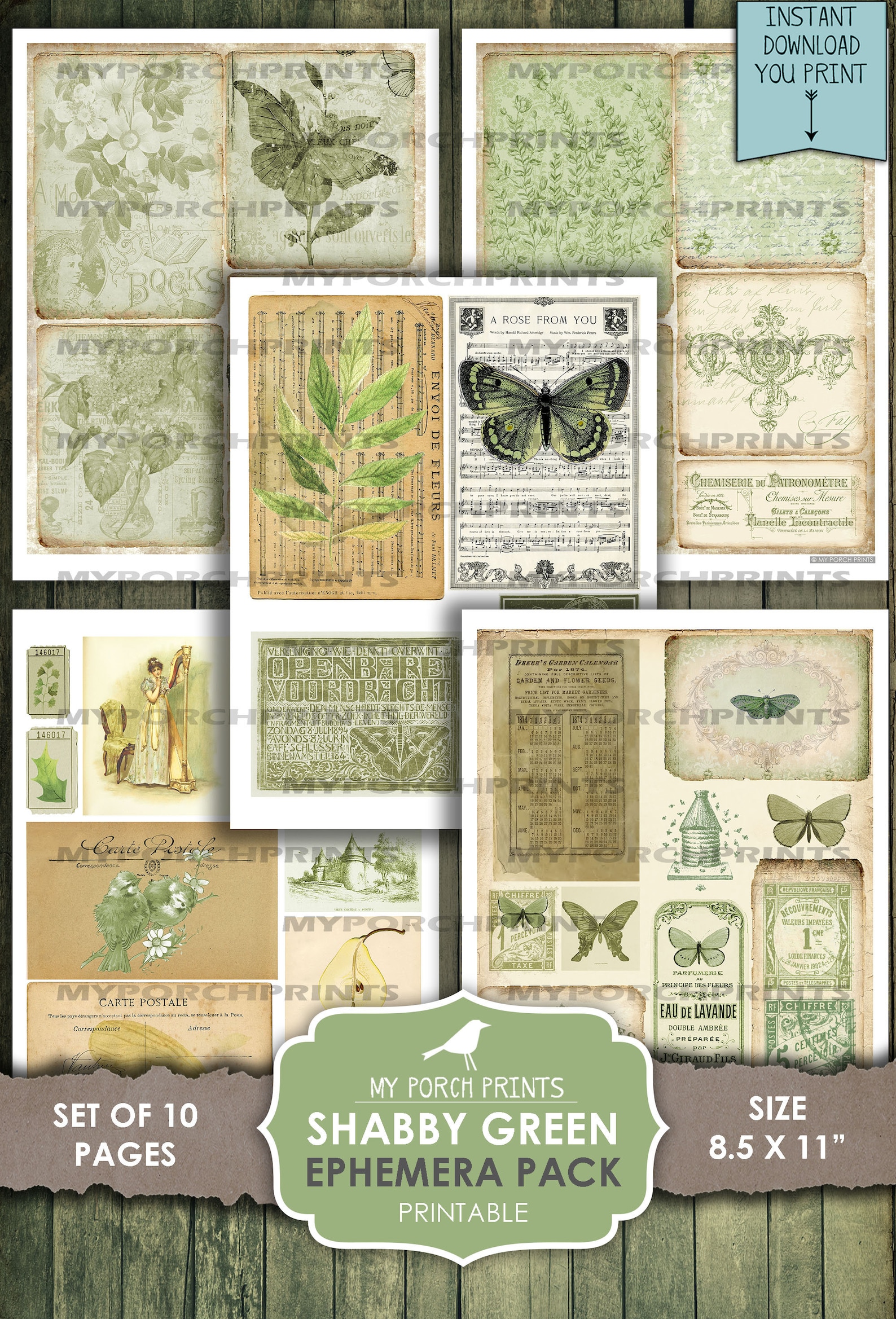 Shabby, Green, Ephemera, Pack, Junk Journal, Butterfly, Tags, My Porch ...